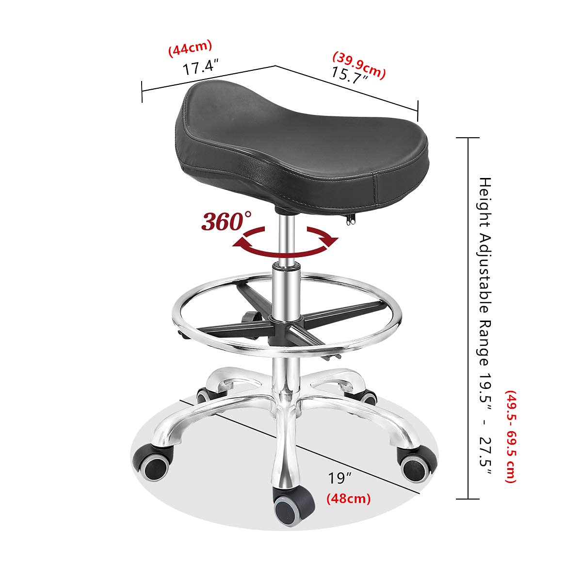 Grace & Grace Height Adjustable Rolling Swivel Stool Chair with Ergonomic Seat and Comfortable Footrest Heavy Duty Metal Base for Salon,Shop, Kitchen (Black, with Caster)