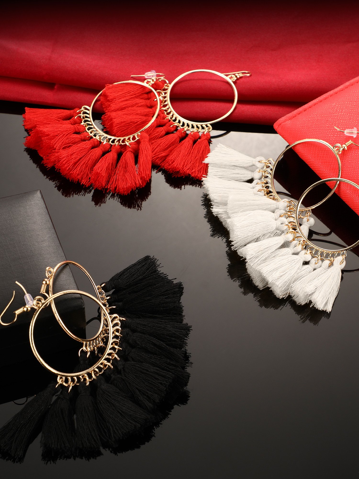 Gejoy Tassel Hoop Earrings Fan-shaped Drop Earrings Dangle Eardrop for Women Party Bohemia Dress Accessory, 3 Pairs