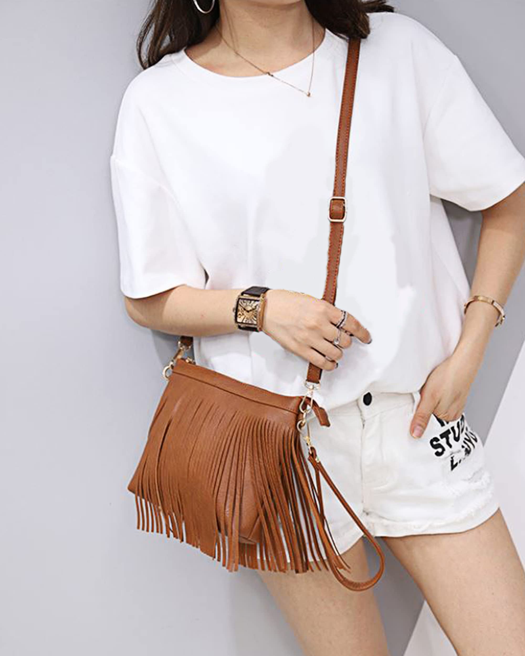 Hyuyikuwol Womens Fringe Messenger Bag Wrist Strap Shoulder Crossbody Bag Satchel PU Leather, Brown