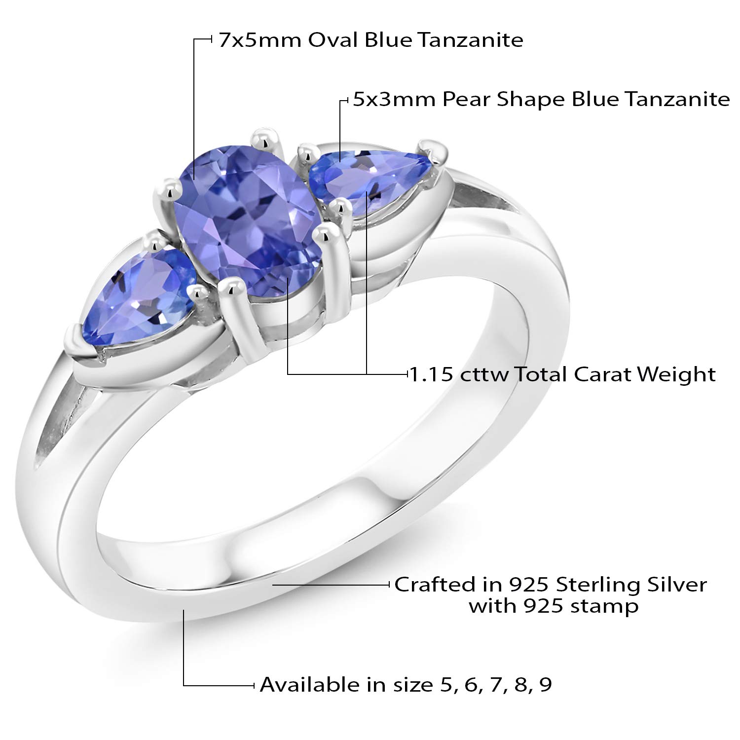 Gem Stone King 925 Sterling Silver Blue Tanzanite 3 Stone Women Engagement Ring (1.15 Cttw, Gemstone Birthstone, Available In Size 5, 6, 7, 8, 9)