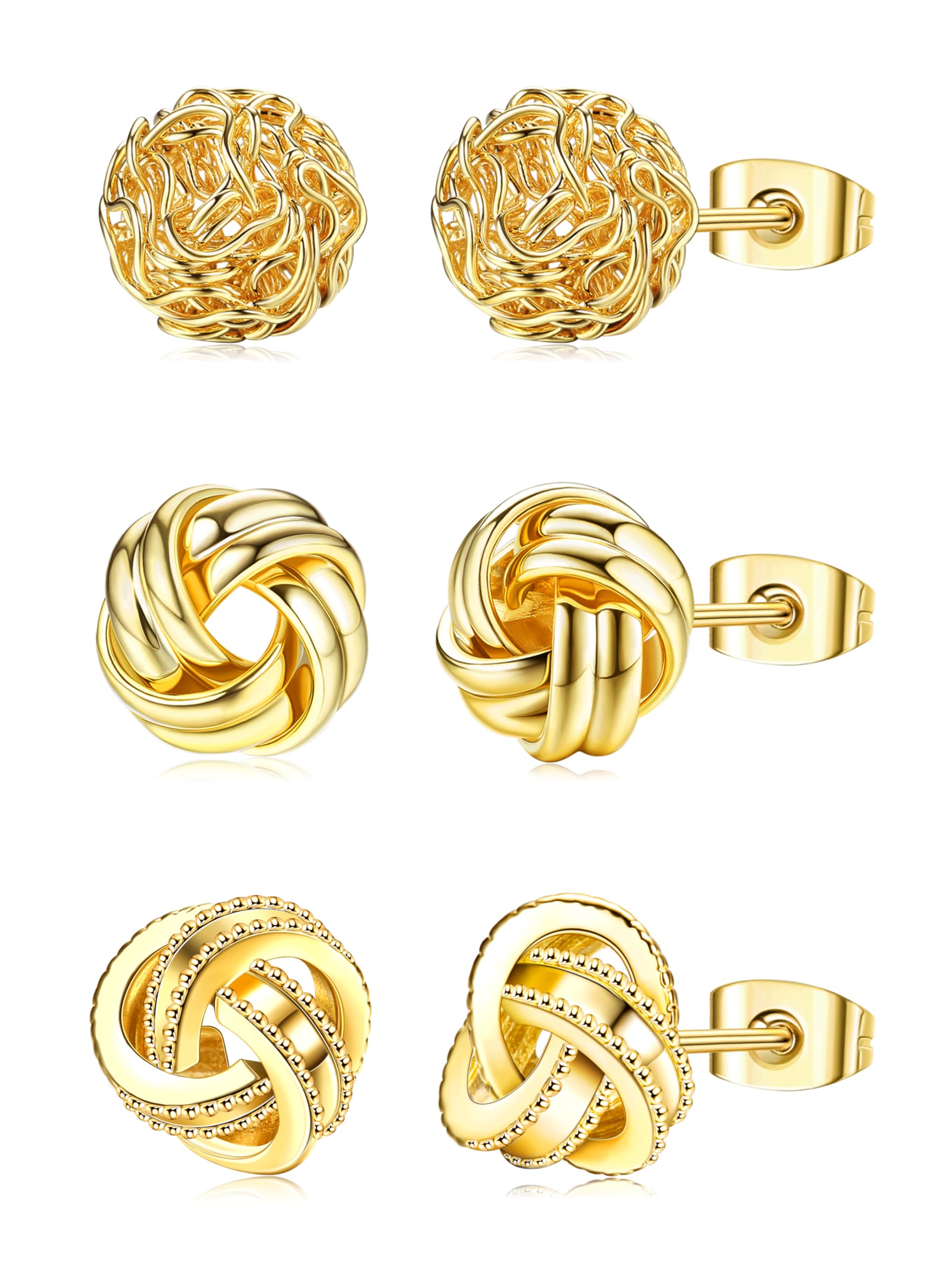 HAIAISO 3 Pairs Gold Love Knot Earrings For Women 14K Gold Plated Woven Ball Stud Earrings Love Knot Post Earrings for Sensitive Ears(Gold)
