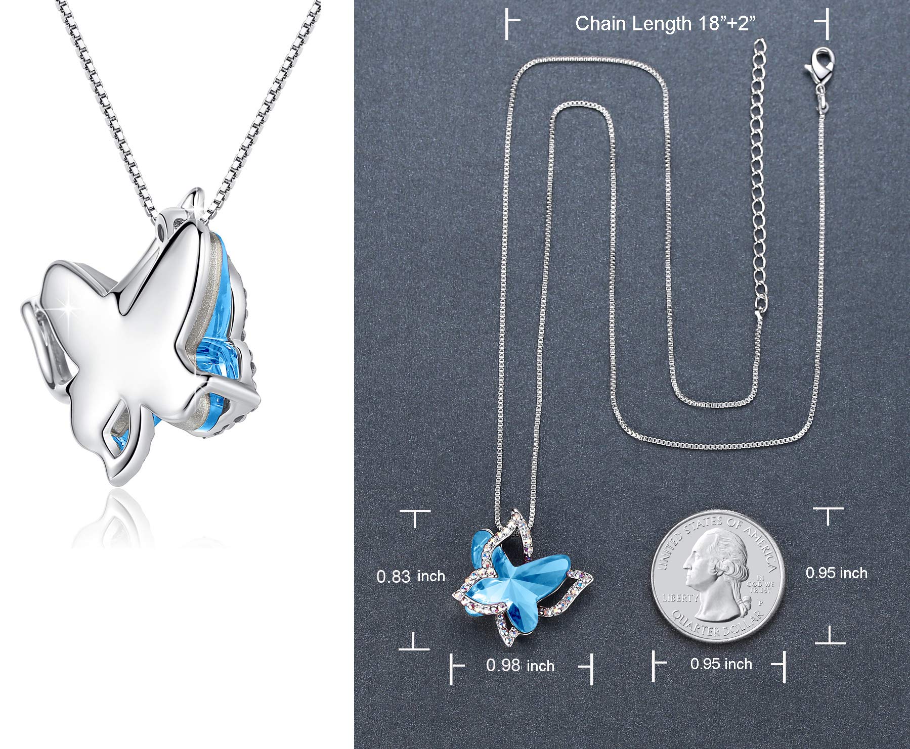 GEMMANCE Butterfly Crystal Necklace with Aquamarine Blue Birthstone for March and December, Silver-Tone, 18β+2β Chain