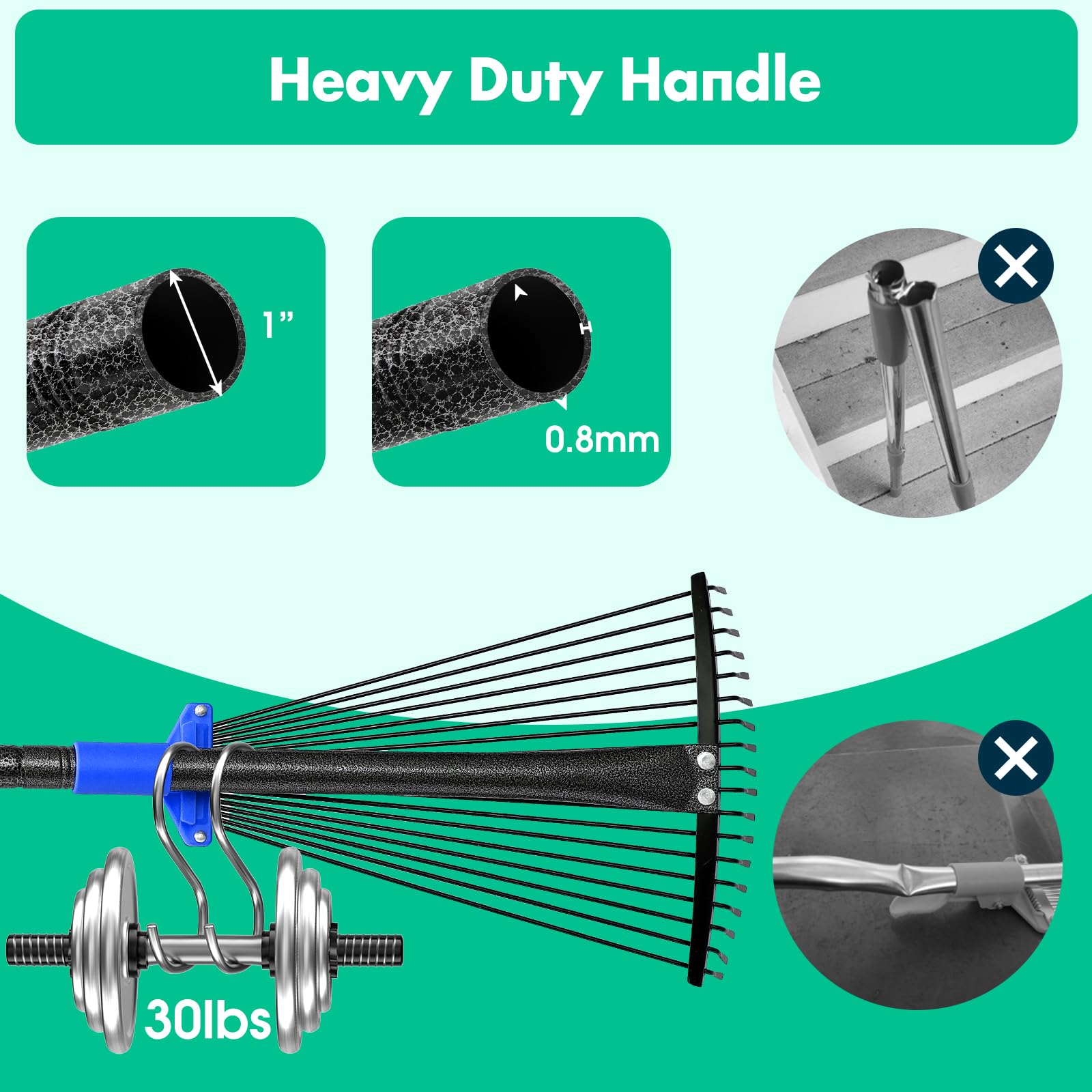 Garden Leaf Rake with Expandable Head from 9.5 inch to 17 inch, Collapsible Lawn Rake with Adjustable 53 Inch Splicing Handle, Heavy Duty Metal Rake for Lawn Yard, Flowers Beds and Roof