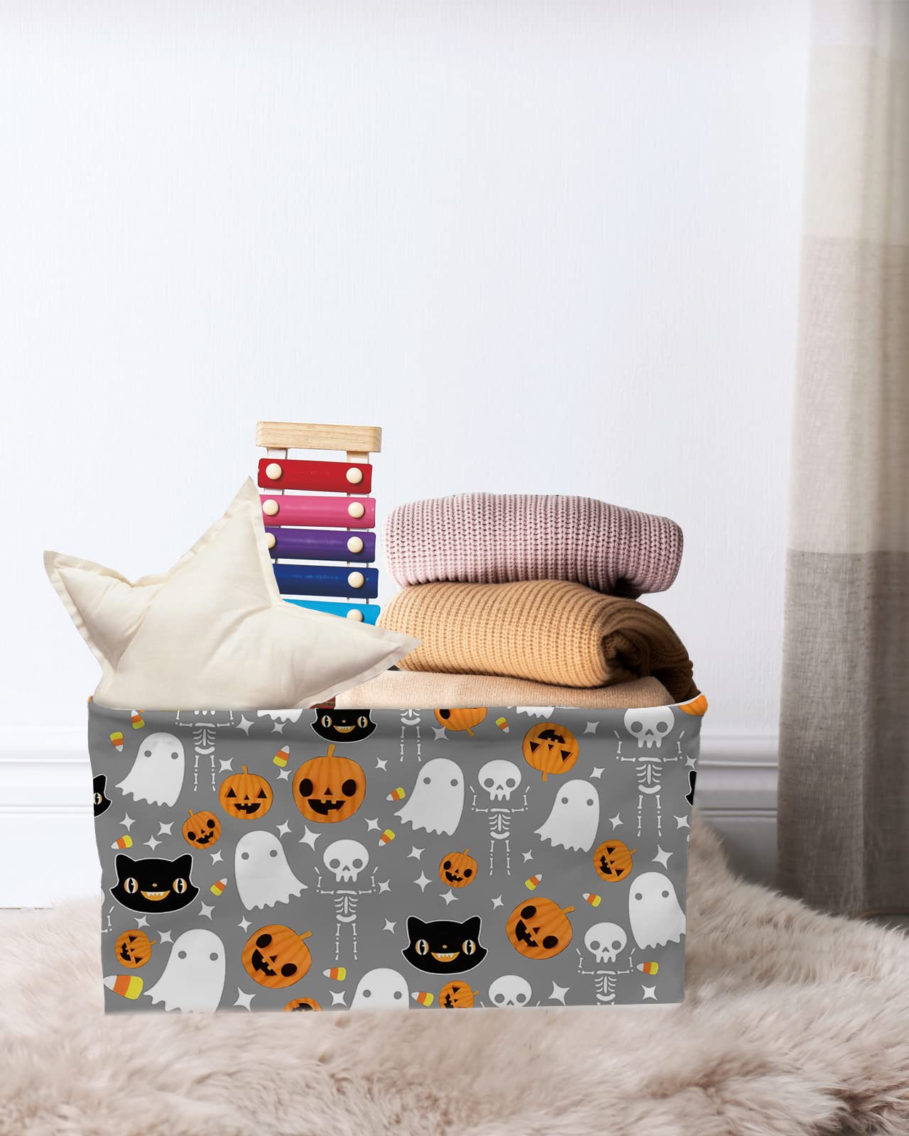 Halloween Grey Cube Storage Organizer Bins with Handles,15x11x9.5 Inch Collapsible Canvas Cloth Fabric Storage Basket,Books Kids' Bin Boxes for Shelves,Closet Spooky Pumpkin Ghost Skull Horror 1 Pack