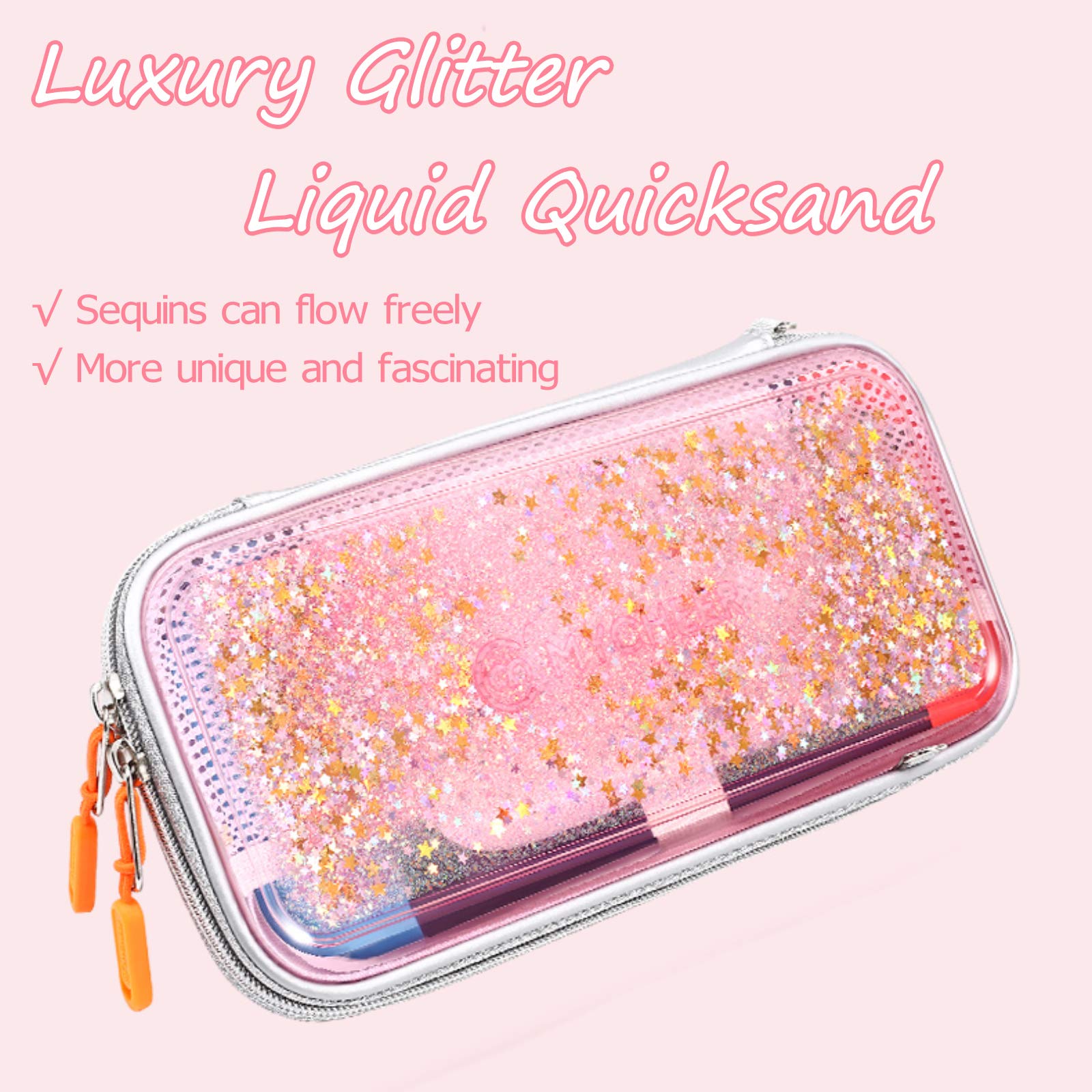 Glitter Carrying Case For Nintendo Switch & Switch OLED - Protective Hard Shell Travel Storage Bag TPU Liquid Bling for Game Accessories - With 8 Cards Slots & Adjustable Strap & 4 Thumb Grips