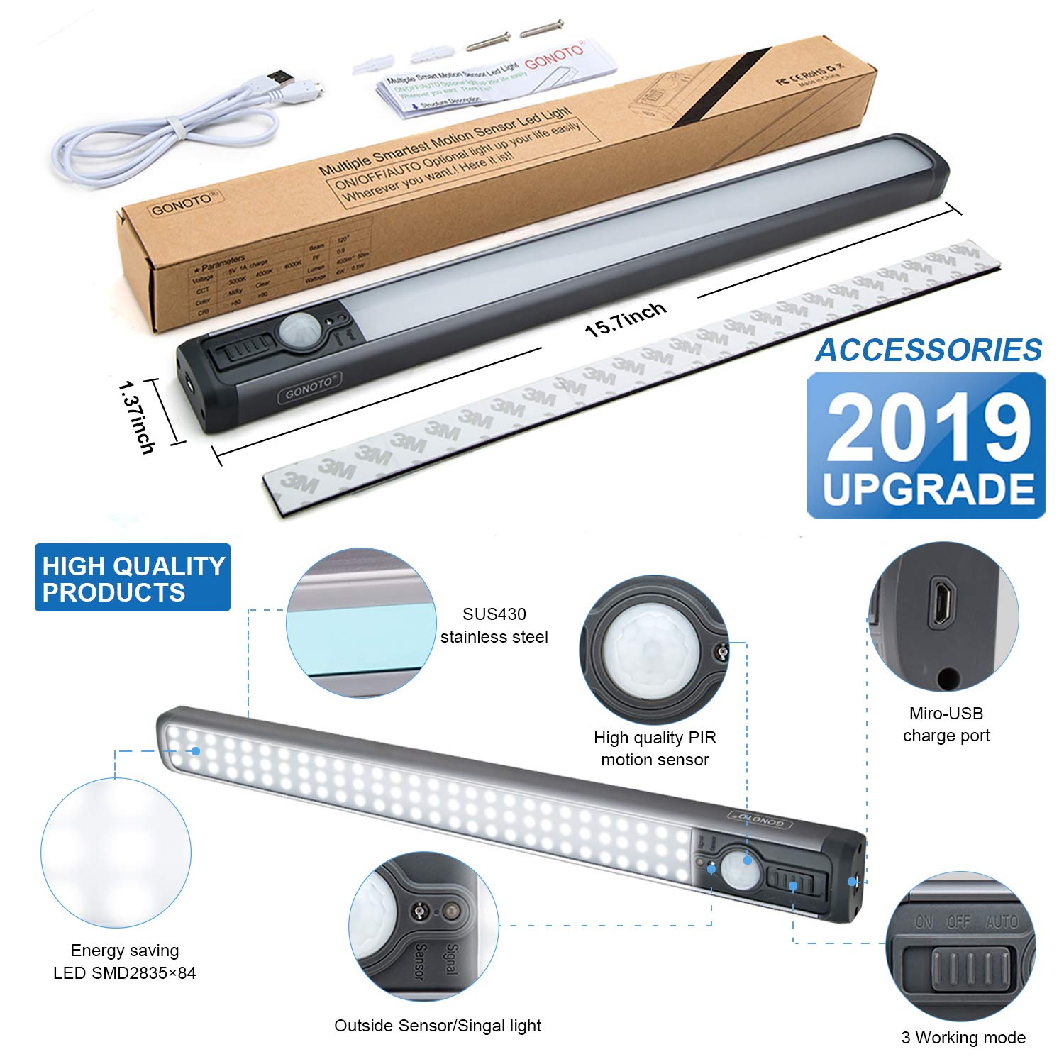 GONOTO 84 LED Closet Light 4W Motion Sensor Closet Lights Rechargeable Under Cabinet Lighting Wireless Wardrobe Light for Closet,Kitchen 4000K 2500mAh Battery Powered Closet Light bar (ON/Off/AUTO)