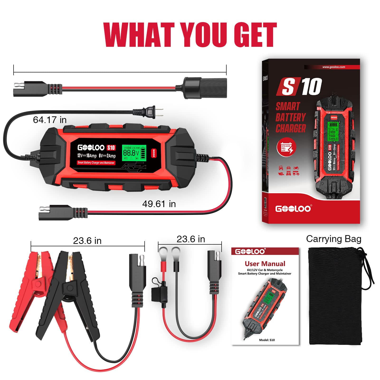 GOOLOO 10-Amp Car Battery Charger, 6V and 12V Fully Automatic Battery Charger Maintainer, Trickle Charger, Supersafe Smart Battery Desulfator for Lead-Acid Batteries(S10)