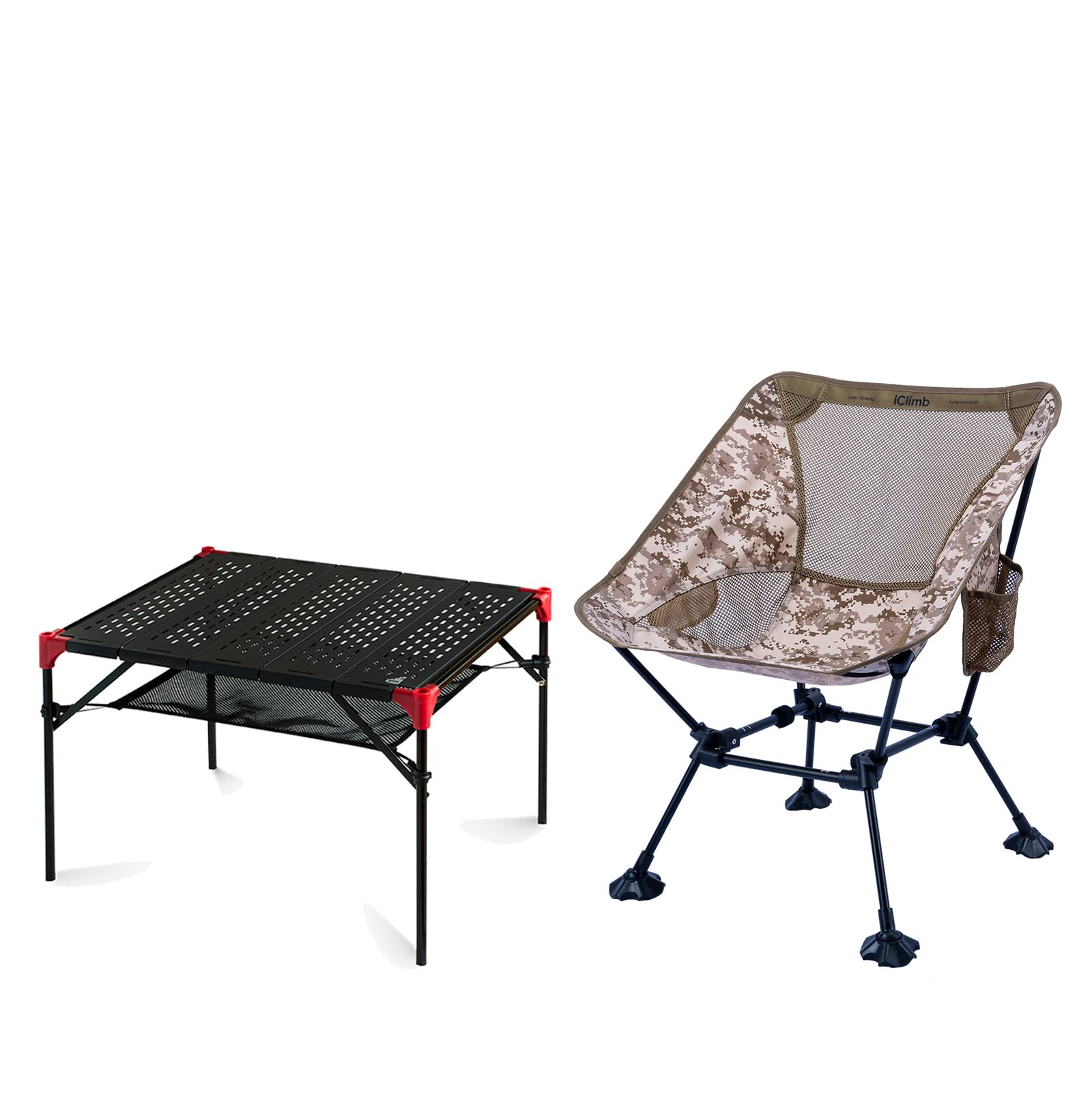 iClimb 1 Anti-Sinking Large Feet Chair and 1 Extendable Table Bundle, Ultralight Compact for Single Adult Outdoor Backpacking Camping Hiking Beach Concert