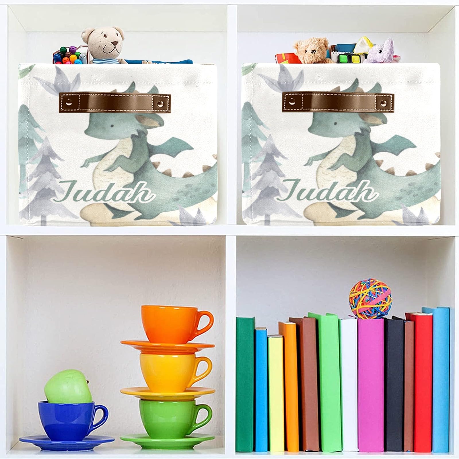 Green Dragon Personalized Storage Bins Baby Shelf Basket Custom Organizer with Handle for Bedroom Nursery Toy 1 Pack