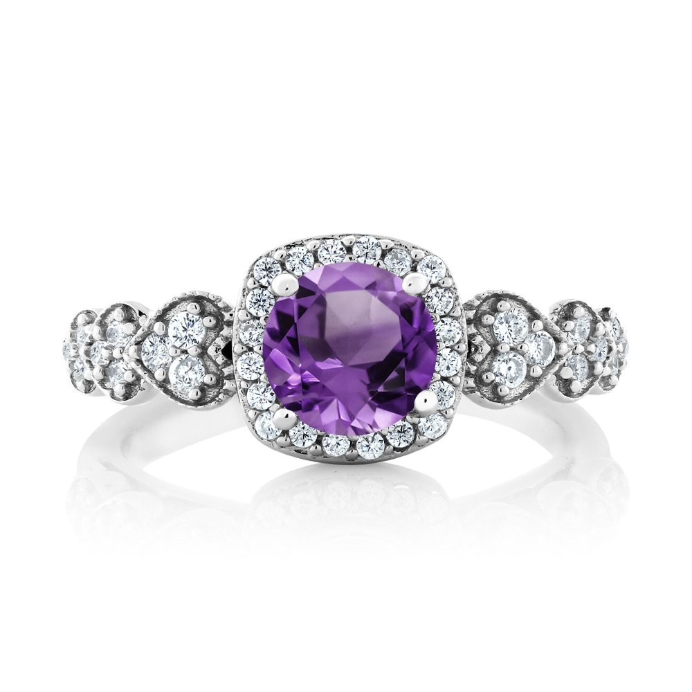 Gem Stone King 925 Sterling Silver Purple Amethyst Gemstone Birthstone Engagement Ring For Women (1.02 Cttw, Round 6MM, Gemstone Birthstone, Available In Size 5, 6, 7, 8, 9)