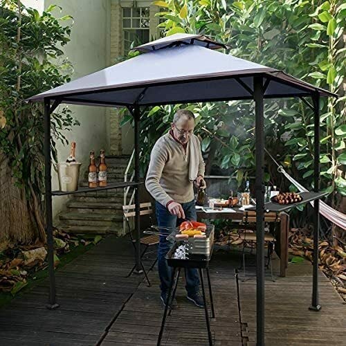Grill BBQ Canopy Tent Shelter 8'x5' Grill Gazebo BBQ Patio Shelter Canopy for Outdoor 8ft x 5ft Gray