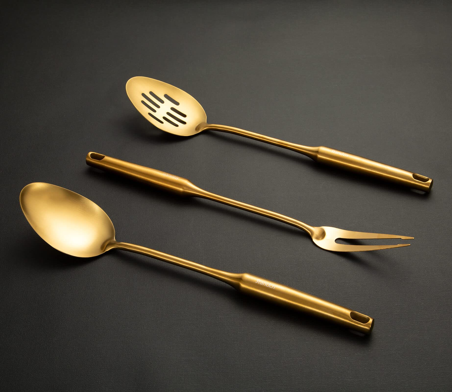Gold Kitchen Utensils Set, Standcn 9 PCS 304 Stainless Steel All Metal Cooking Tools with Meat Fork, Solid Spoon, Slotted Spoon, Spatula, Ladle, Skimmer, Slotted Spatula, Spaghetti Server, Large Spoon