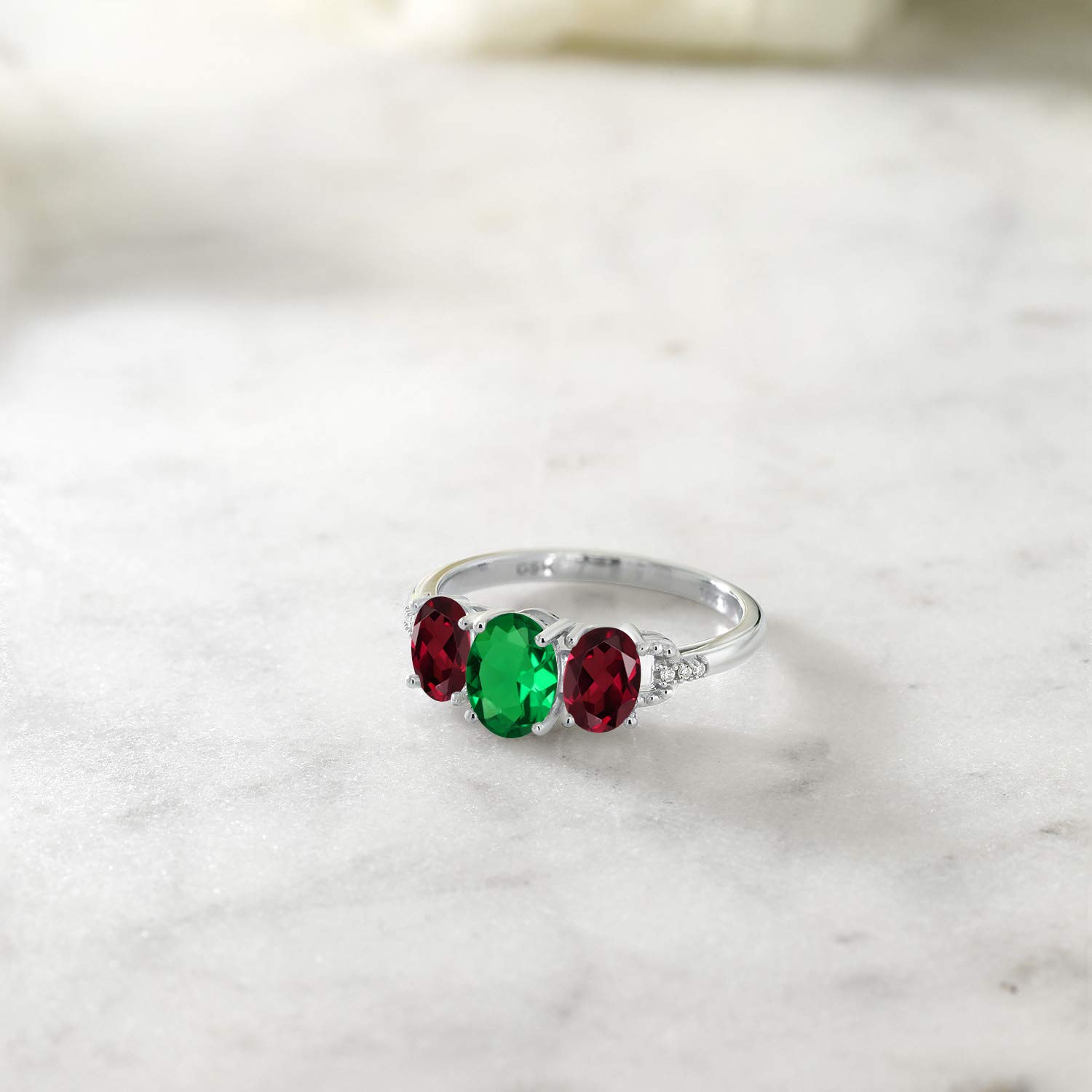 Gem Stone King 10K White Gold Green Simulated Emerald Red Rhodolite Garnet and Diamond 3-Stone Engagement Ring For Women (1.62 Cttw, Gemstone Birthstone, Available In Size 5, 6, 7, 8, 9)