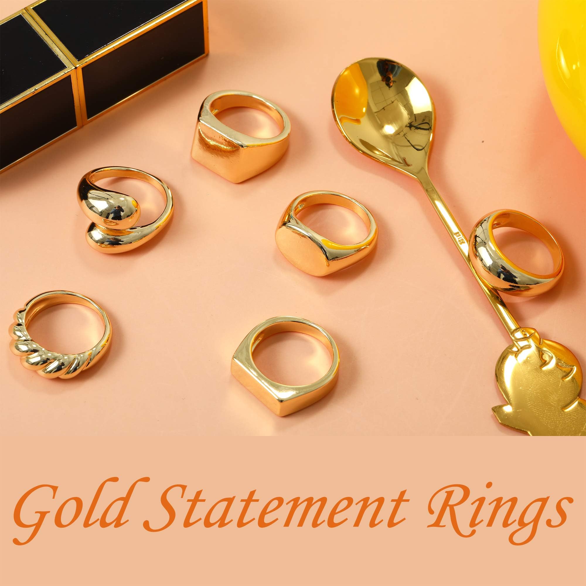 FUNEIA 6Pcs Thick Dome Chunky Rings for Women Men 18K Gold Plated Round Signet Rings Braided Twisted Signet Statement Ring Size 5-9