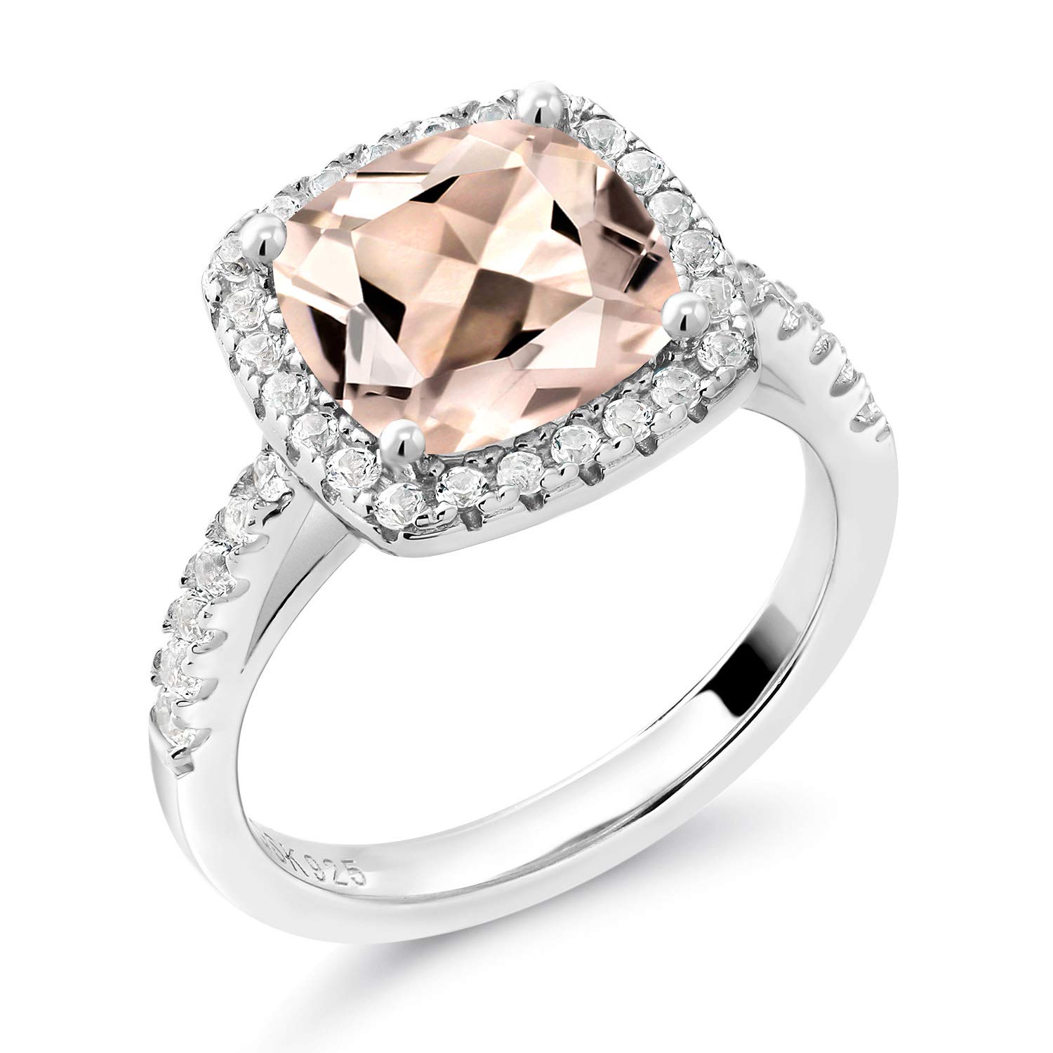 Gem Stone King 925 Sterling Silver Peach Morganite and White Created Sapphire Women Engagement Ring (2.38 Cttw Cushion 8MM, Available In Size 5, 6, 7, 8, 9)