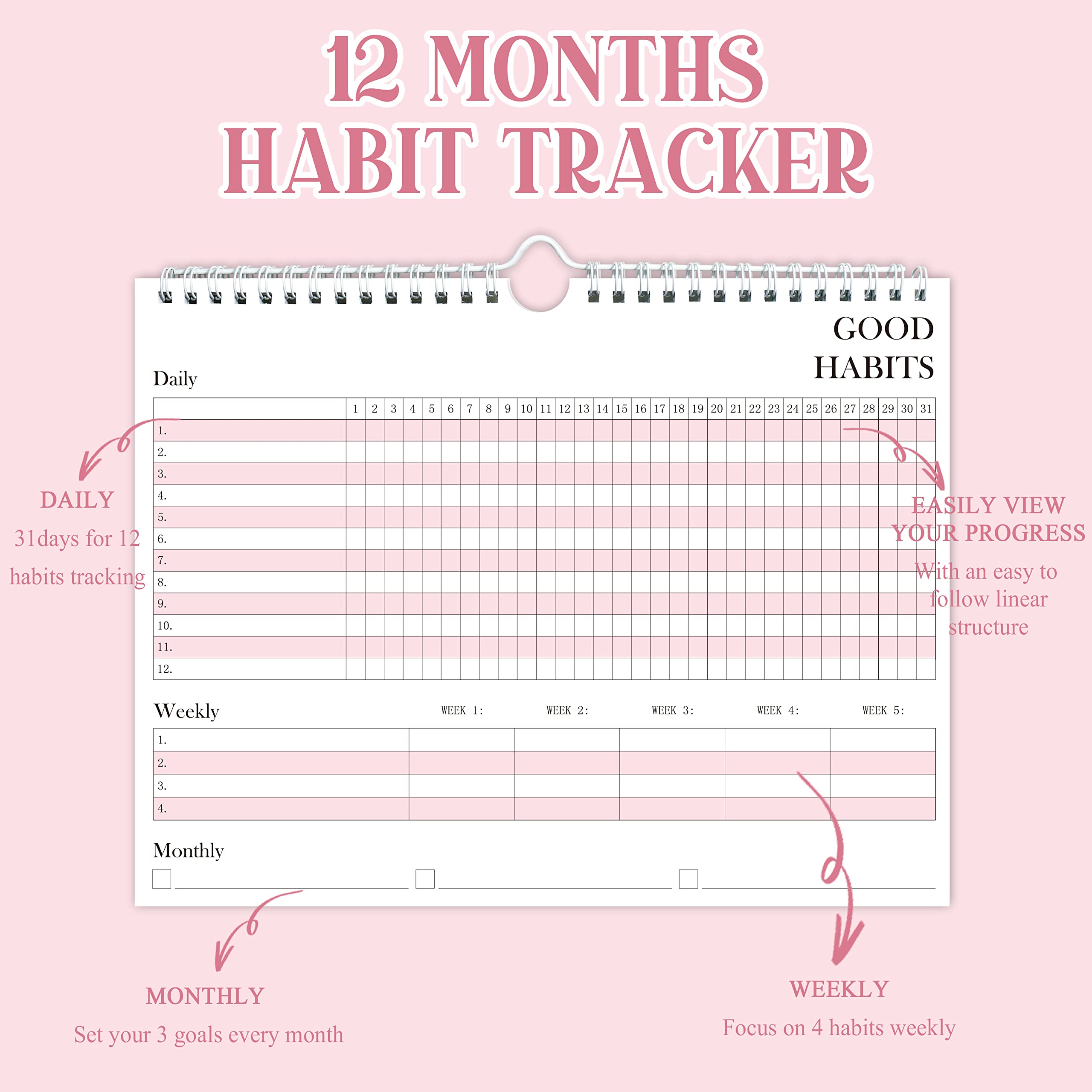 Habit Tracker Journal - Habit Tracker Calendar & Goal Tracker with Spiral Binding–Undated Weekly and Monthly Habit Tracker Planner to Boost Productivity with Habits Goals, 12Months, 8.5"x11” Pink