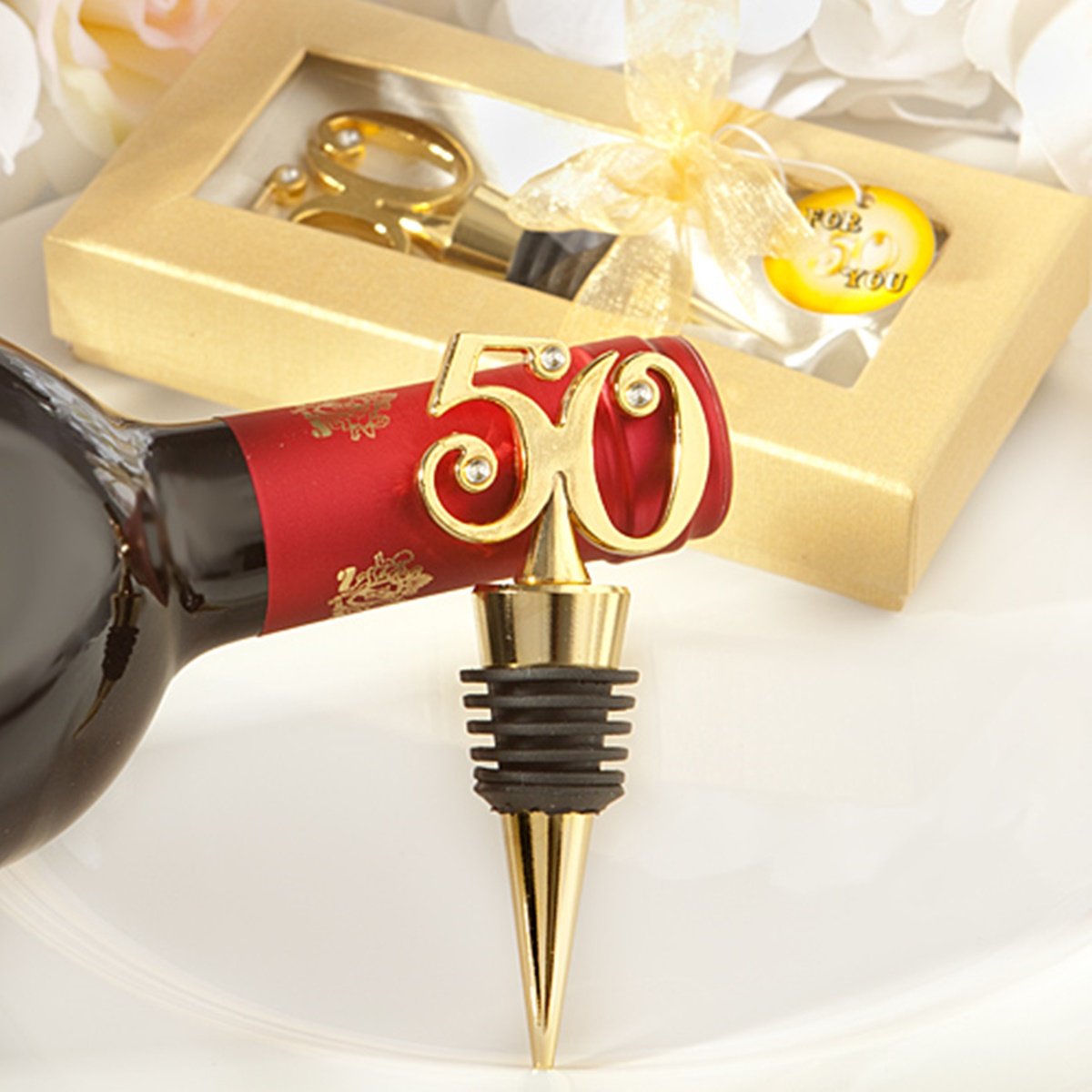 Gold Toned Metal 50 Charm Top Wine Bottle Stopper, 3 1/2 Inch