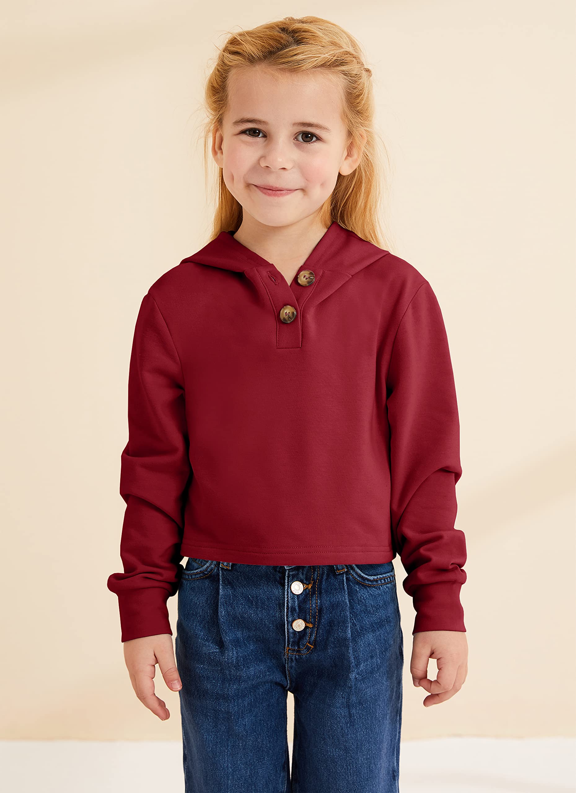 GAMISOTE Kids Girls Crop Tops Hoodie Button Up Casual Loose Active Short Pullover Sweatshirt Burgundy