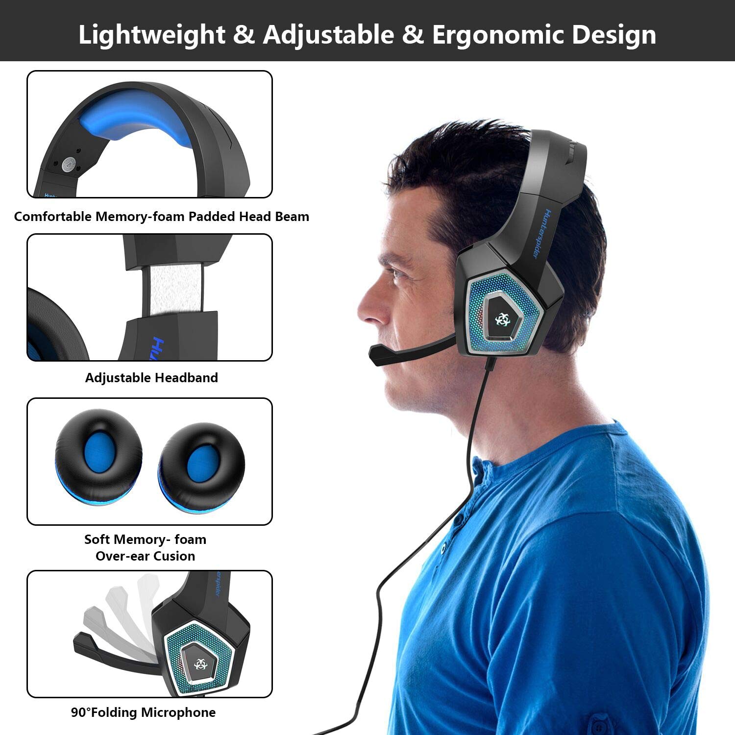 Gaming Headset for PS4 Xbox One, YCCSKY Wired Over Ear Headphone PC USB Gaming Headset with Noise Canceling Mic and LED Light, Compatible with PS4/Xbox One/Mac/Tablets/PC/Laptop/Mobile Phone (Blue)