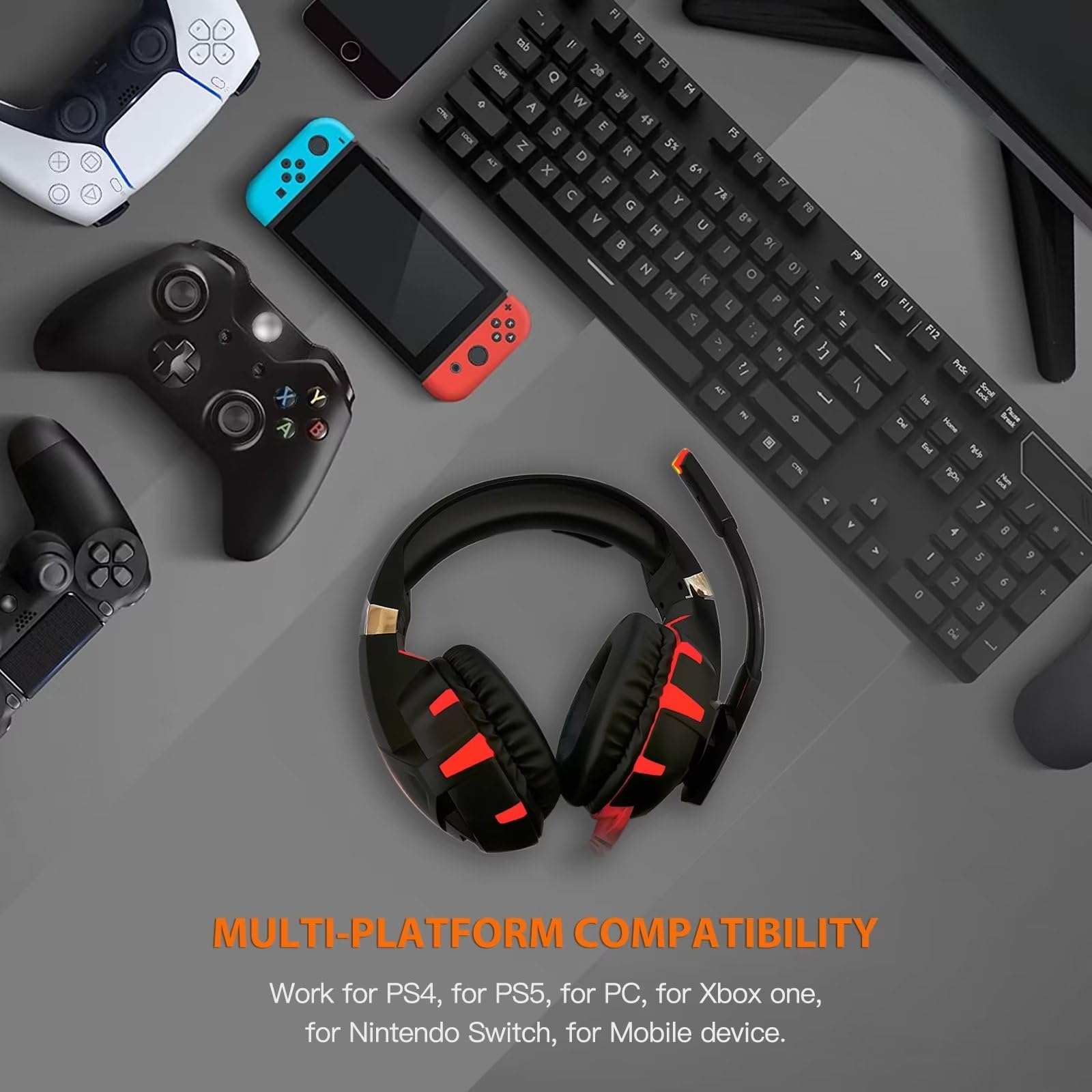 Gaming Headset for PS4 New Xbox one PC Mac Laptop, Professional 3.5mm Over Ear Headphones, Stereo USB Headset with LED Light and Noise canceling Mic for Games by Runying (Red)