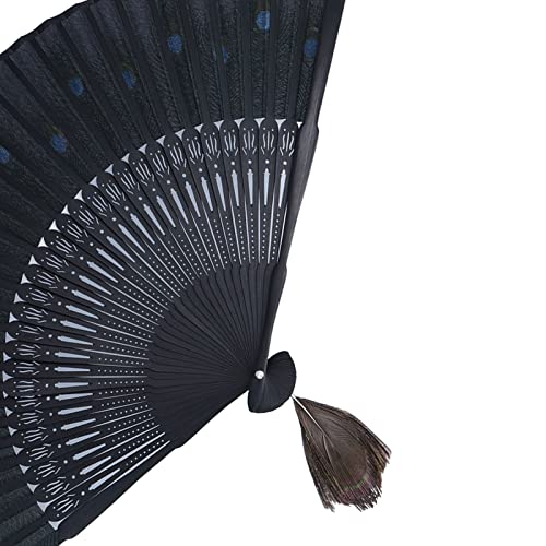 Handheld Folding Fan, Chinese Style Black Beautiful Peacock Pattern Antique Bamboo Hand Fan for Performance Clothes Decoration Gift, Folding Fan Bag Hand Bamboo Decorative Fans Chinese Pride held