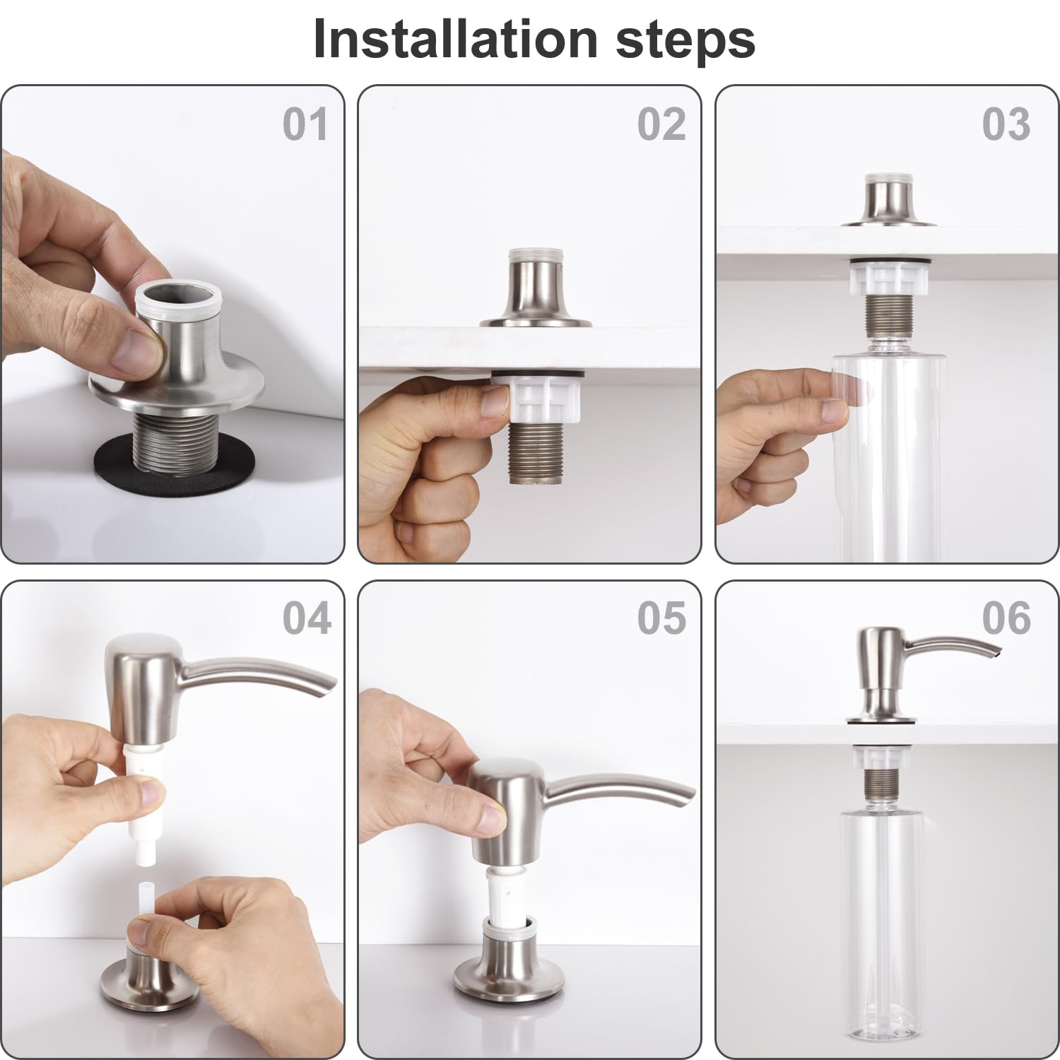 GAGALIFE Sink Soap Dispenser with 17 OZ Large Bottle, Built in Sink Soap Dispenser for Kitchen Sink, Refill from The Top, Sink Soap Dispenser Pump (Brushed Nickel)