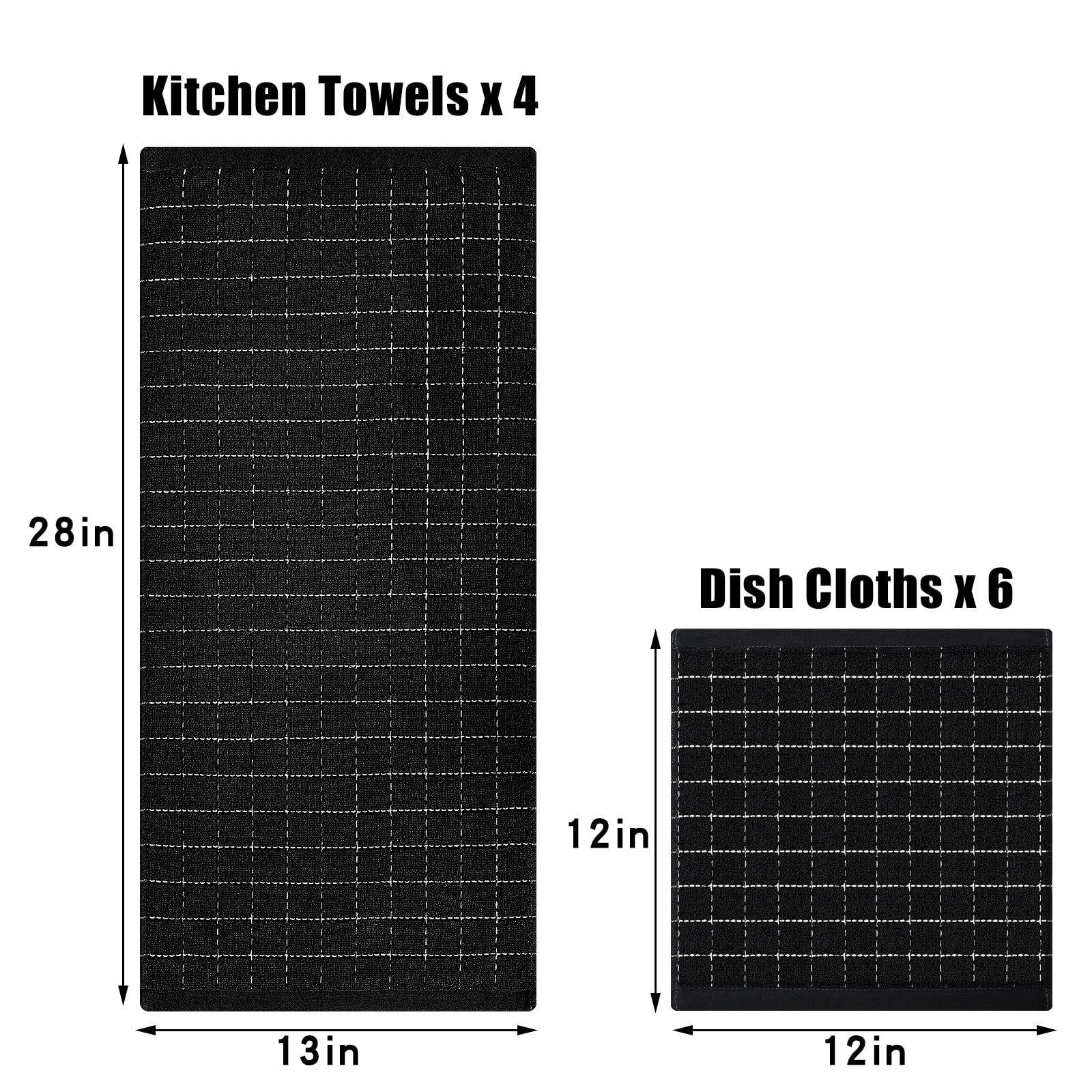 Homaxy Kitchen Towels and Dishcloths Set, 12 x 12 and 13 x 28 Inches, Set of 10 Bulk Cotton Terry Kitchen Towels Set, Checkered Designed, Soft and Super Absorbent Dish Towels, Black