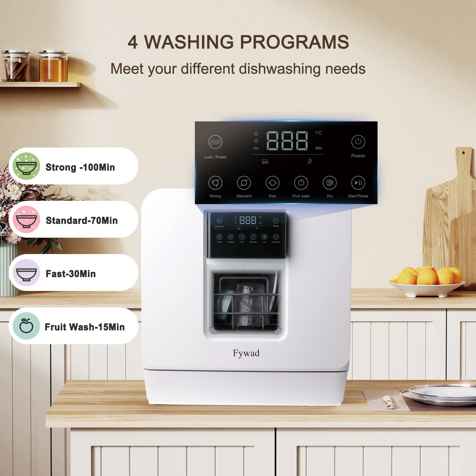 Fywad countertop dishwasher, portable dishwasher no hookup. Countertop Dishwasher with Water Tank. With child lock, hot drying, 4 washing programs. 360-degree spraying.