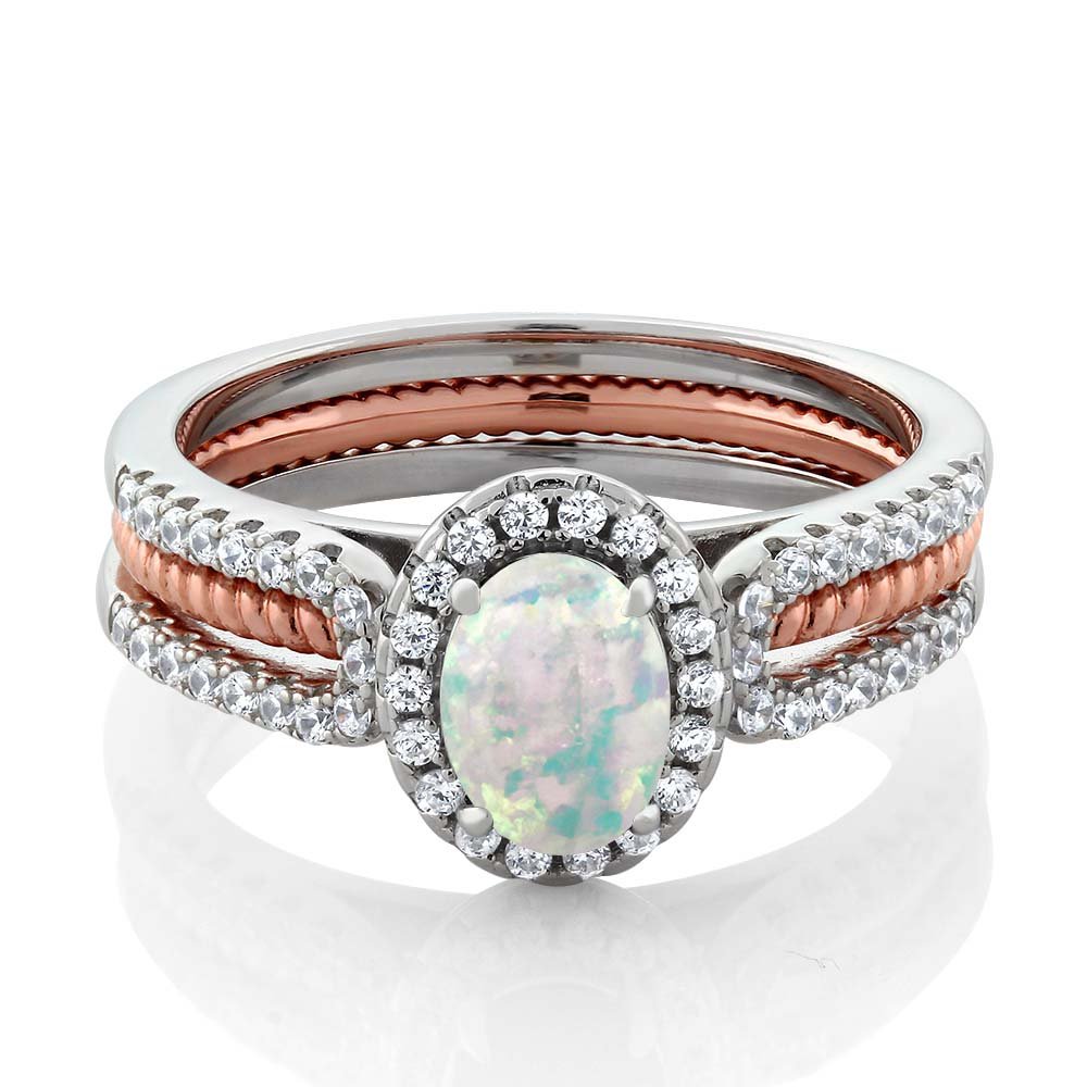 Gem Stone King 925 2-Tone Sterling Silver Simulated Opal Wedding Band Insert Engagement Stackable Ring For Women (1.25 Cttw, Available 5,6,7,8,9) (Size 9)