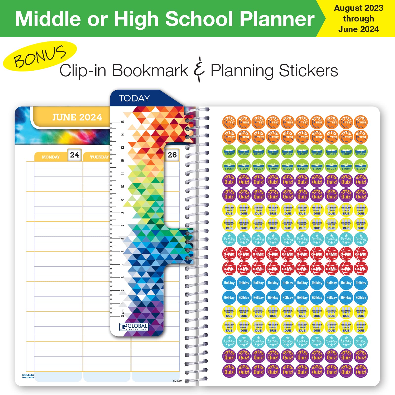 Global Datebooks Dated Middle School or High School Student Planner for Academic Year 2023-2024 Includes Ruler/Bookmark and Planning Stickers (Matrix Style - 5.5"x8.5" - Blue Colors)