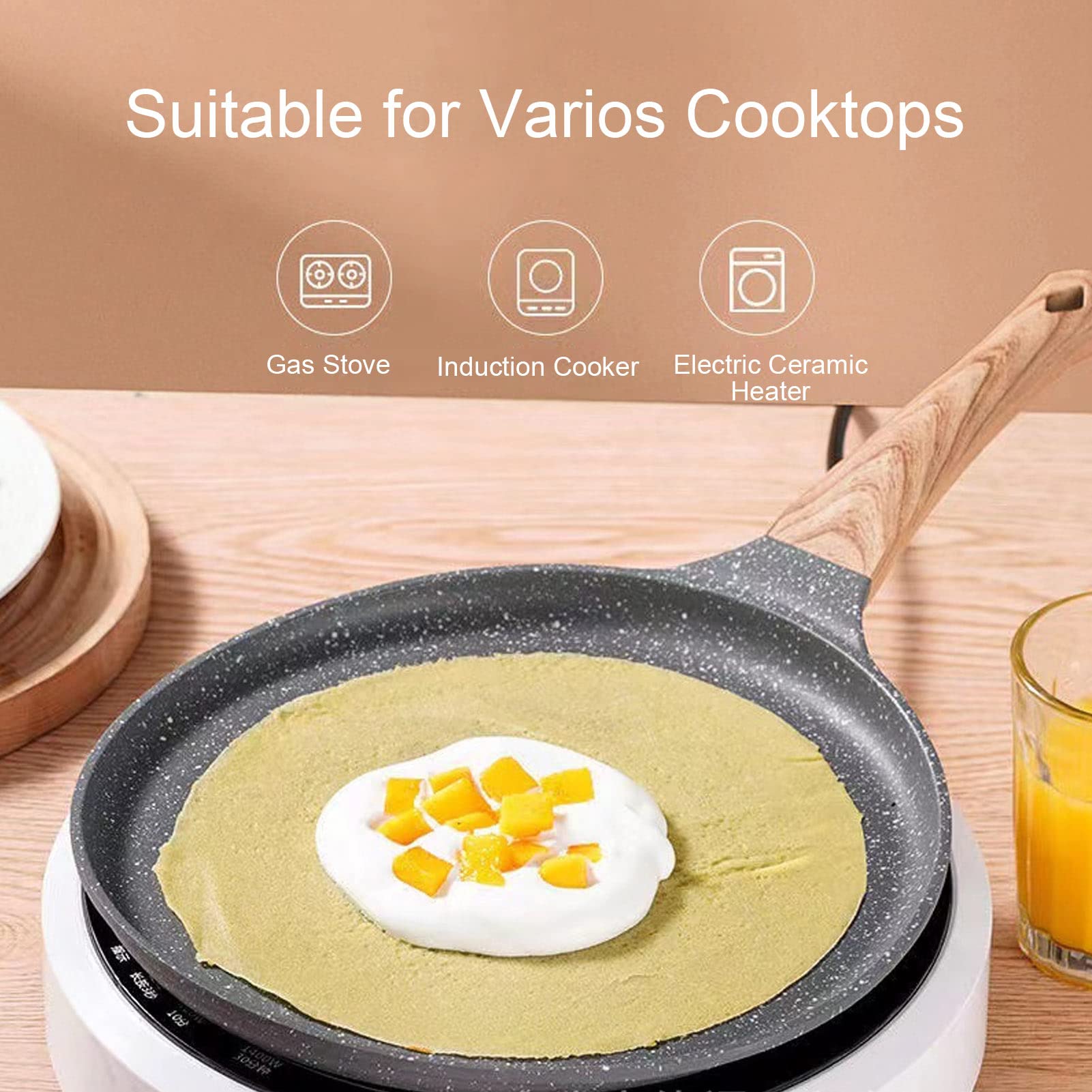 Frying Pan Non Stick Pancake Griddle Flat Bottom Even Heating Stick Free Stovetop Griddle Cooking Kitchen Ware with Handle for Home Kitchen(28cm)