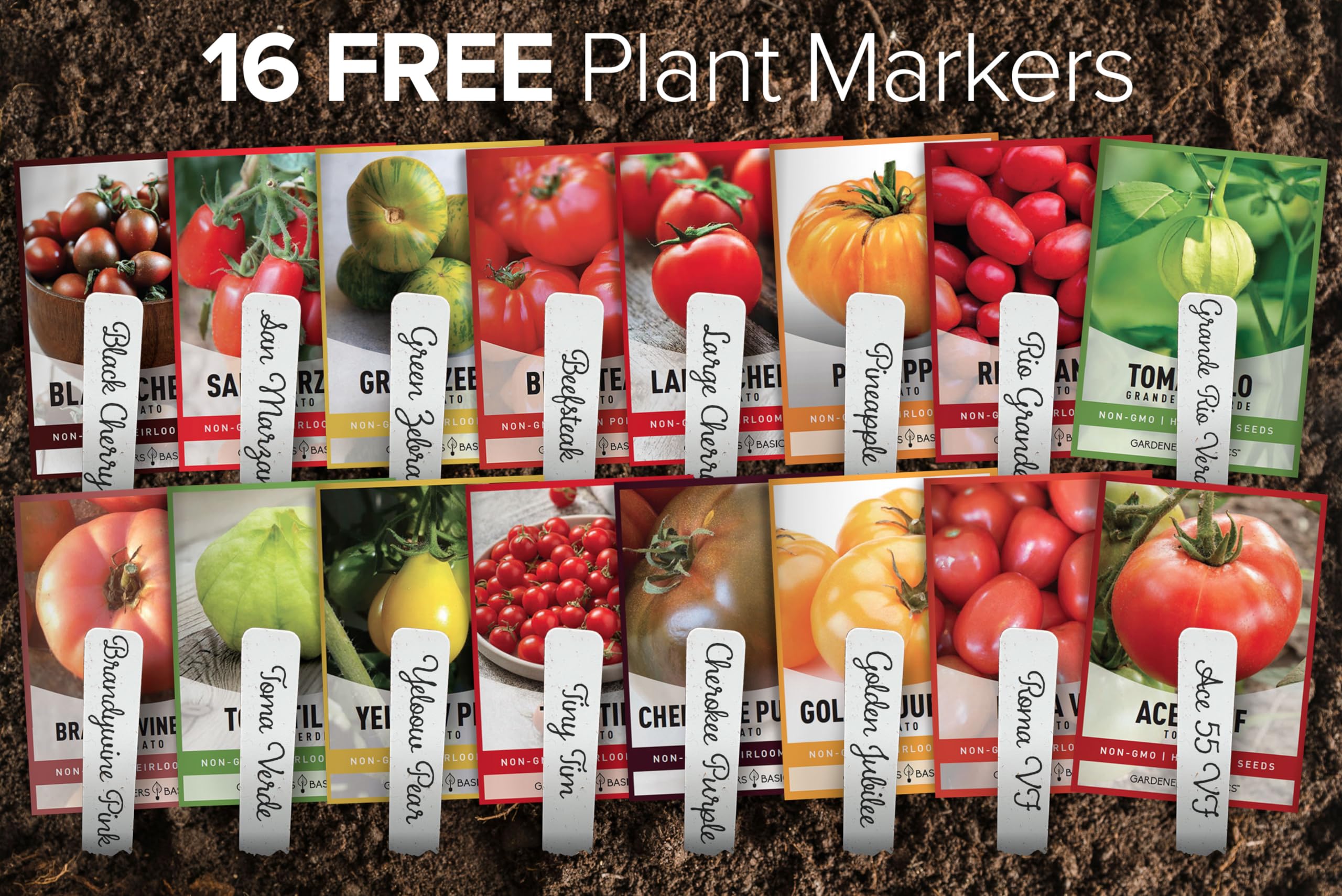 Gardeners Basics, Tomato Seeds for Planting 16 Variety Pack Heirloom Tomato Seeds, Tiny Tim, Cherry Tomato Seeds, Beefsteak Seeds, Roma Tomato Seeds, Determinate and Indeterminate and More, Non GMO