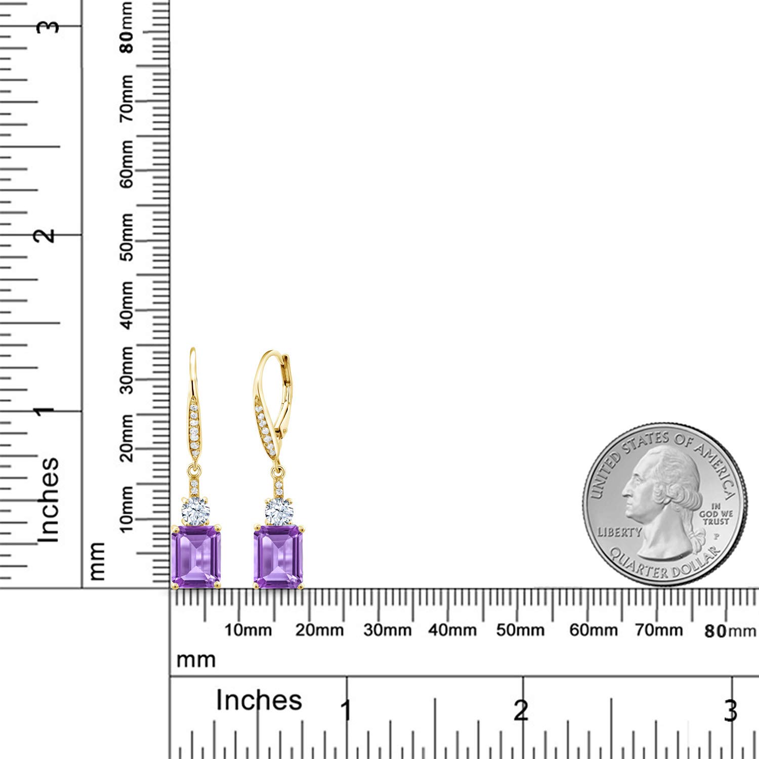 Gem Stone King 18K Yellow Gold Plated Silver Purple Amethyst Dangle Earrings For Women (5.00 Cttw, Gemstone February Birthstone, Emerald Cut 9X7MM)