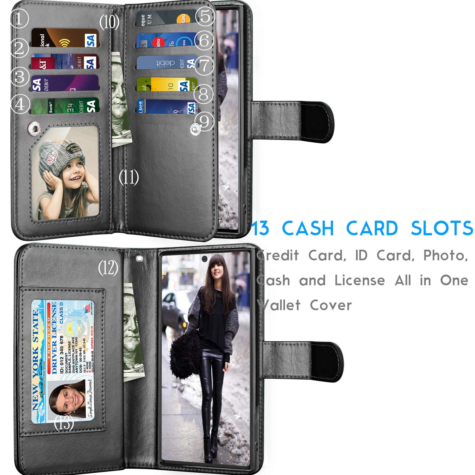 Galaxy Note 10 Plus Case, Galaxy Note 10+ Wallet Case, Luxury Cash Credit Card Slots Holder Carrying Folio Flip PU Leather Cover [Detachable Magnetic Hard Case] Kickstand for Samsung Note10+ [Black]
