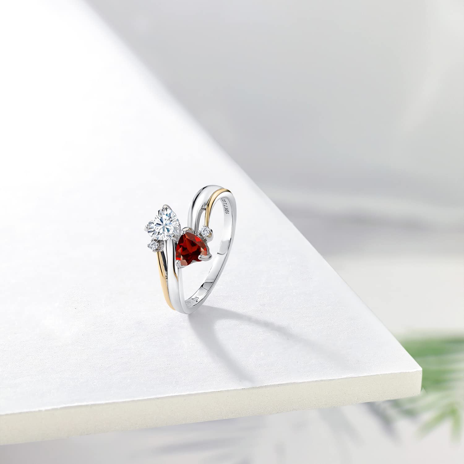 Gem Stone King 925 Silver and 10K Yellow Gold Personalized Engraved Birthstone and Lab Grown Diamond 2 Heart Promise Women Couple Ring (Size 7)