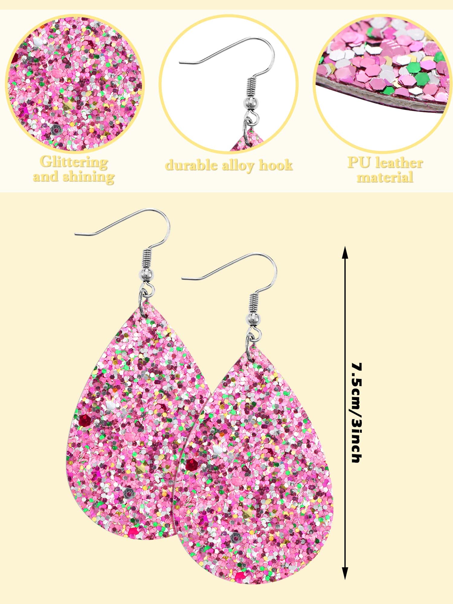 Hicarer 20 Pairs Glitter Teardrop Earrings Bulk Leather Lightweight Leaf Dangle Earring Fashion Jewelry for Women(Bling Color)