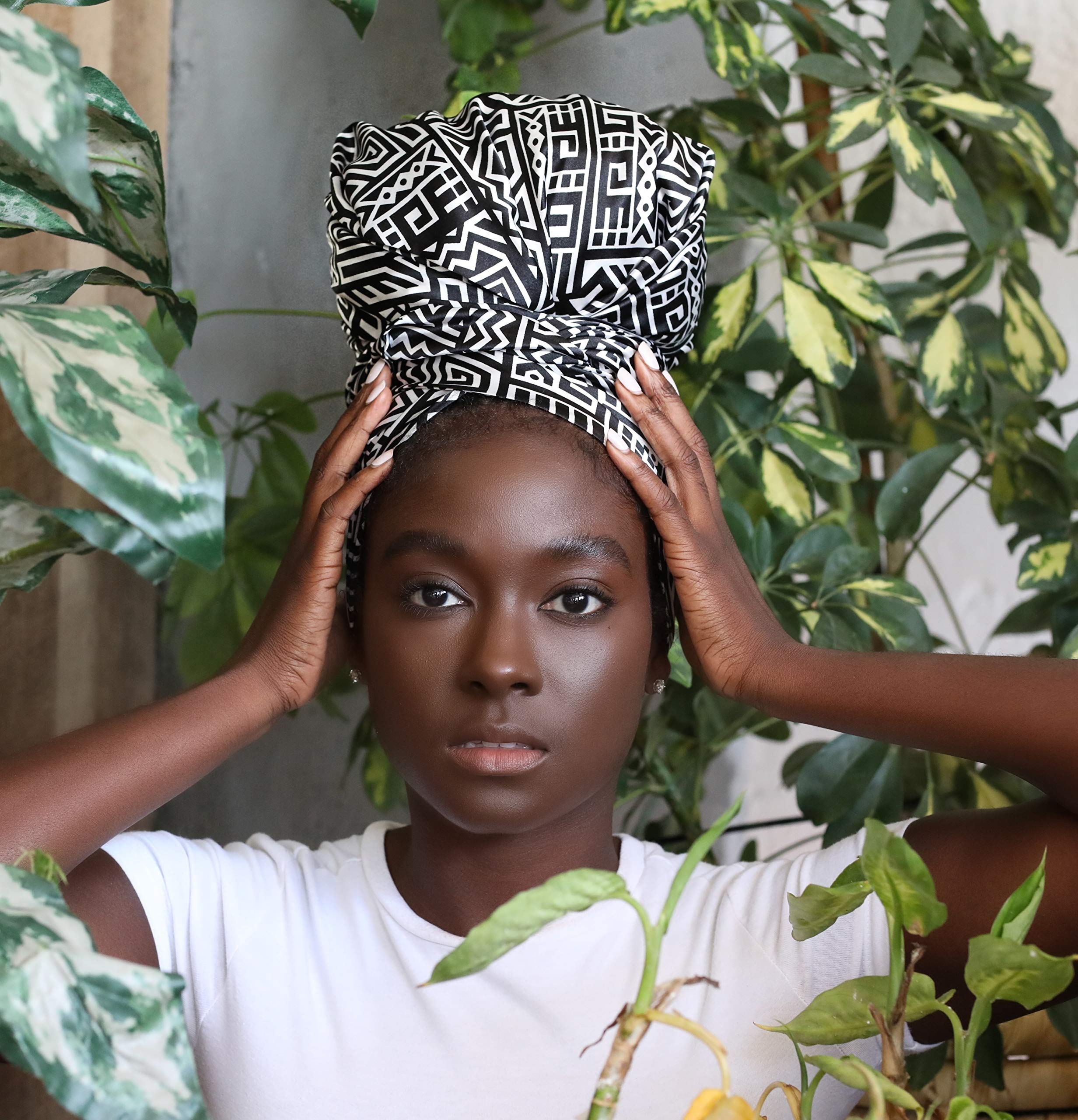 Glow By Daye Charmeuse Satin Prefolded Head Scarf, Double Layered Satin Bandana for Women, Large (Zola Print (Black and White))