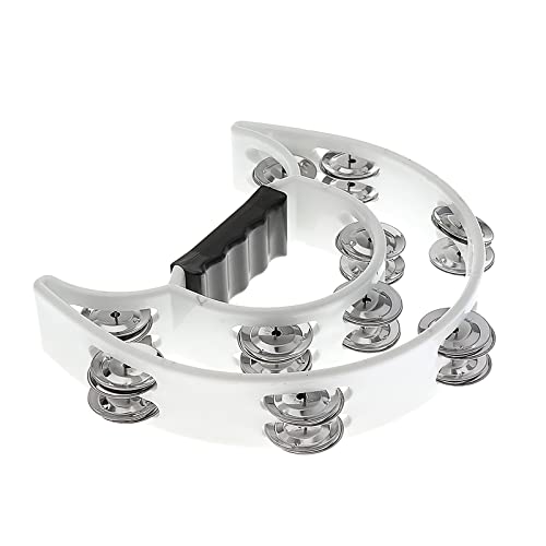 Half Moon Tambourine - Musical Instrument Percussion with Steel Jingle Bells for Drum & Guitar Playing (White)