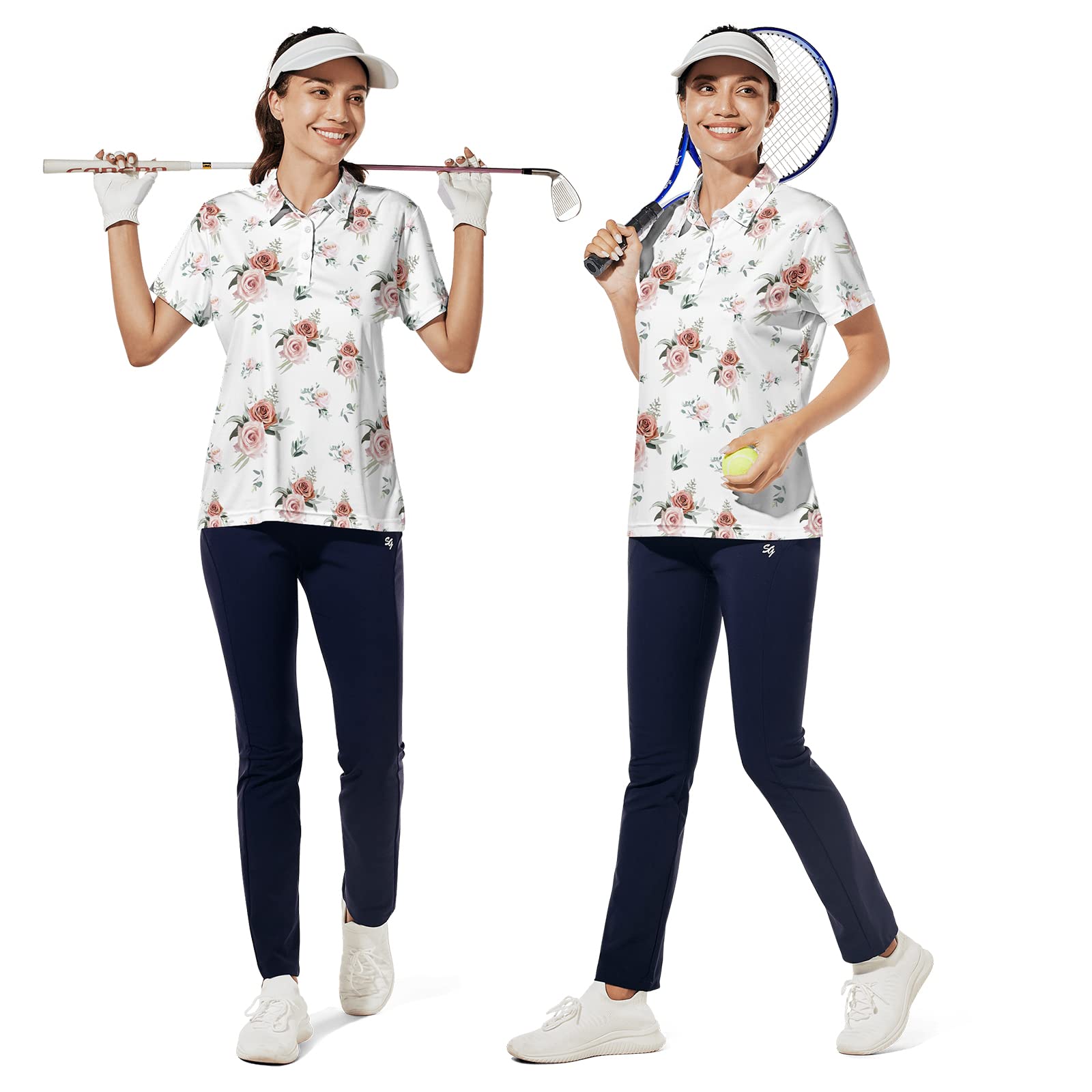 Hispotim Women's Short Sleeve Polo Shirt Lightweight Printed Golf Shirts Quick Dry Workout Golf Polo Shirts (White Leopard,M)