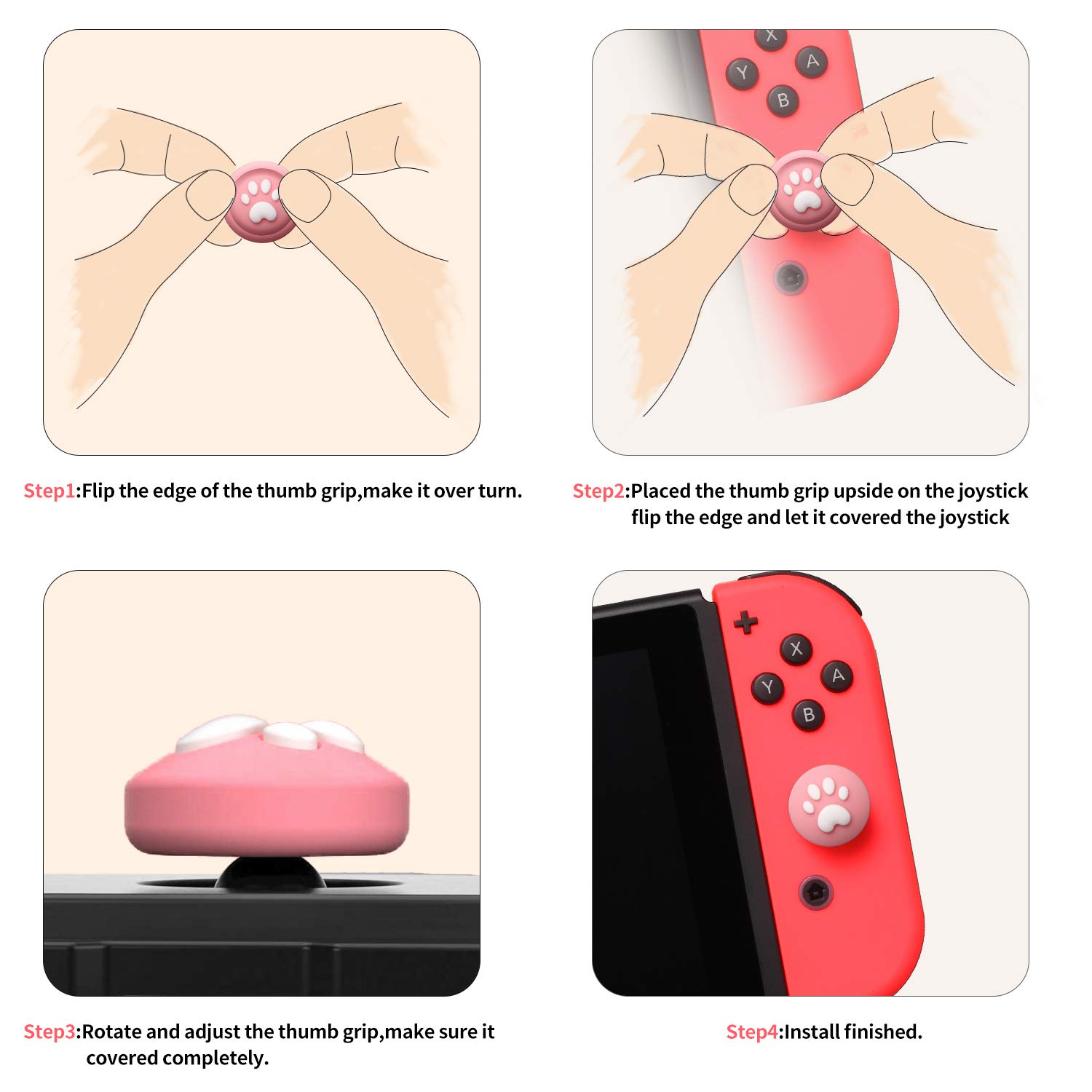 Fpxnb 4 Pairs Switch Thumb Grip Set, Analog Stick Silicone Cap Joystick Covers, Cat Claw & Sakura Flower Design, Compatible with Switch Joy-Con Controllers & Lite, Pink & Blue
