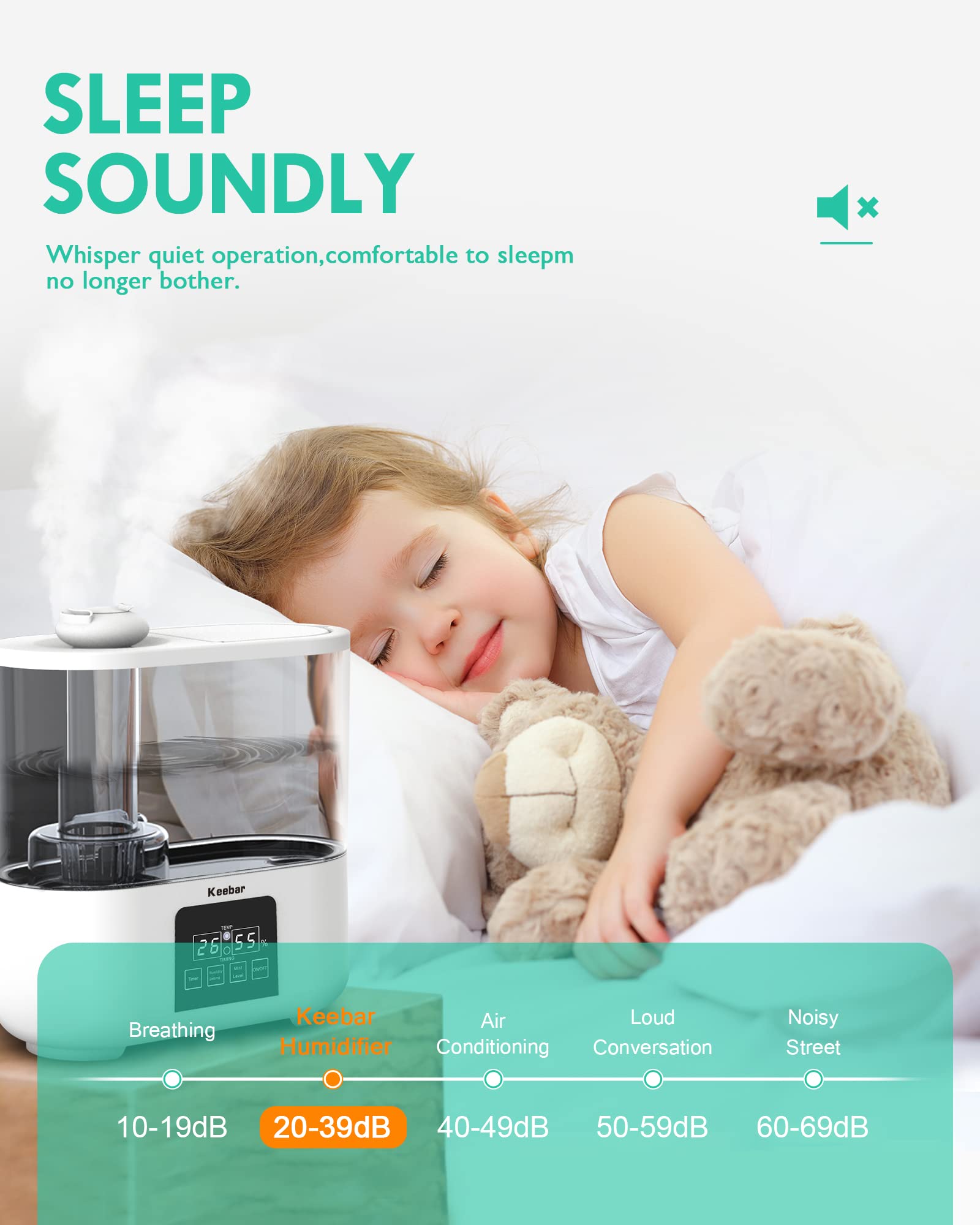 Humidifiers for Bedroom Large Room, 3.5L Cool Mist Ultrasonic Air Vaporizer for Baby Room Plants, Customized Humidity, Auto Mode & Ultra-Quiet Sleep Mode Remote Control, White, Keebar