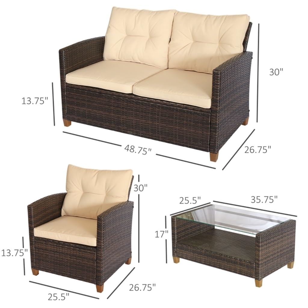 FZZDP 4 Piece Patio Furniture Set Outdoor Wicker Loveseat Sofa & Chairs,with 2-Tier Glass Coffee Table Cushions