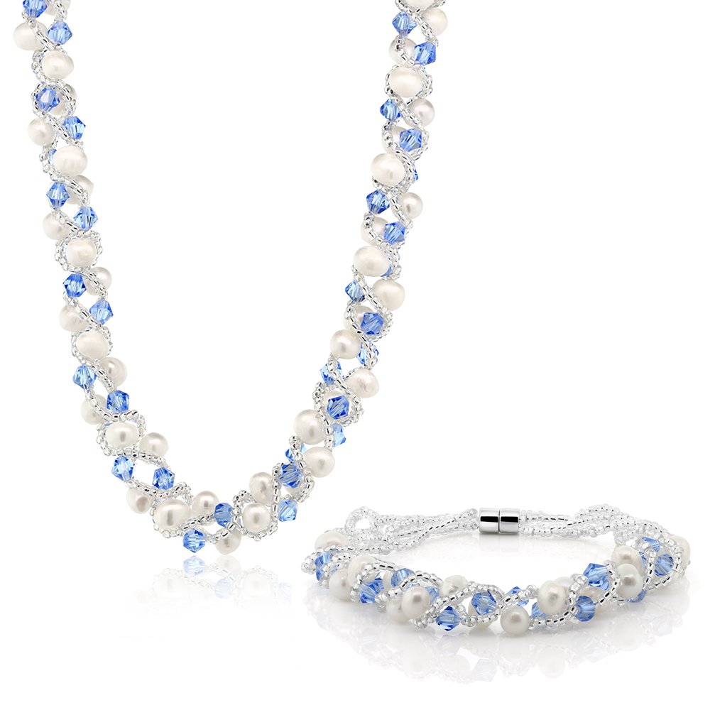 Gem Stone King 17 Inch White Cultured Freshwater Pearl and Blue Crystal Mash Necklace and Bracelet Set For Women (Necklace: 17 Inch, Bracelet: 6.5 Inch)