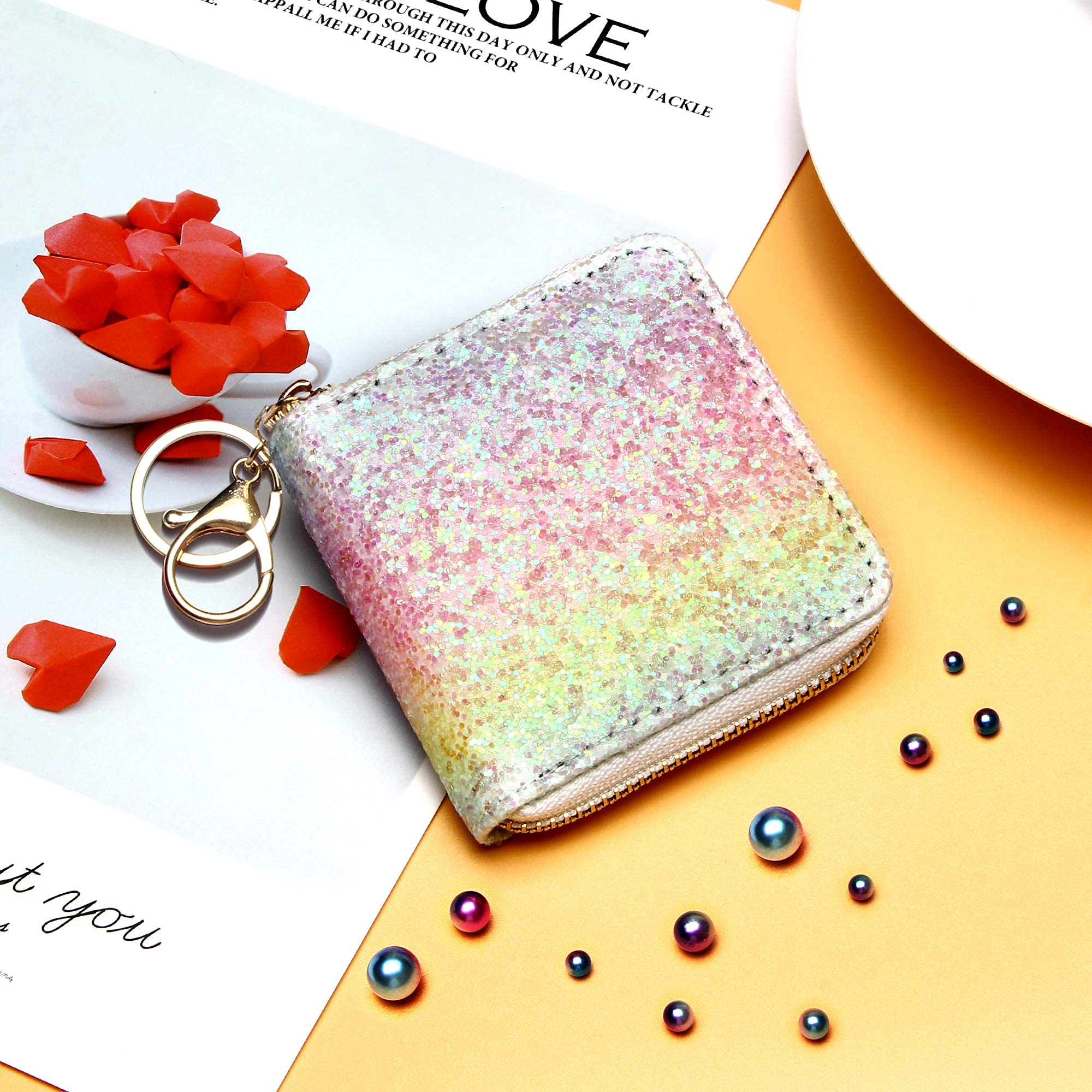 GEEAD Small Glitter Wallet for Women Girls Mini Coin Purse Pouches with Key Ring (Colourful - B)