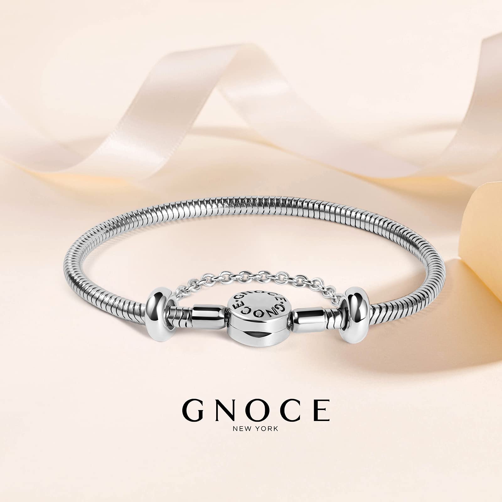 GNOCE Charm Bracelet Stainless Steel Snake Chain Metal Basic Charm Bracelet DIY Bangle with Round shaped Clasp (Stainless Steel, 8.3)