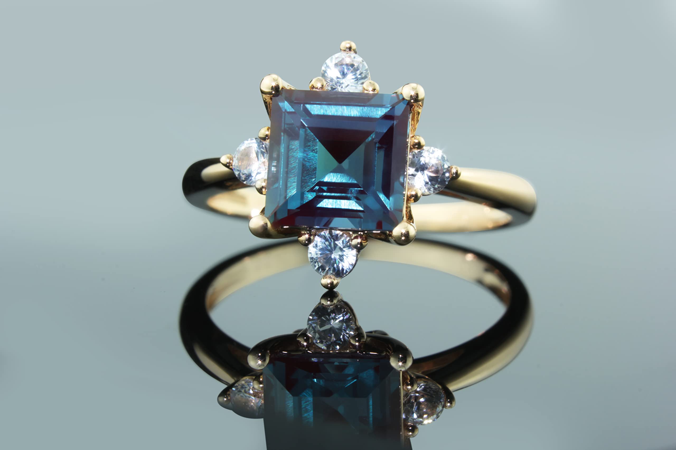 Heartland By Beverley Mitchell 10K Rose Gold 7mm Square Cut Teal Lab-Created Alexandrite & Lab-Created White Sapphire Cathedral Statement Ring - Size 8