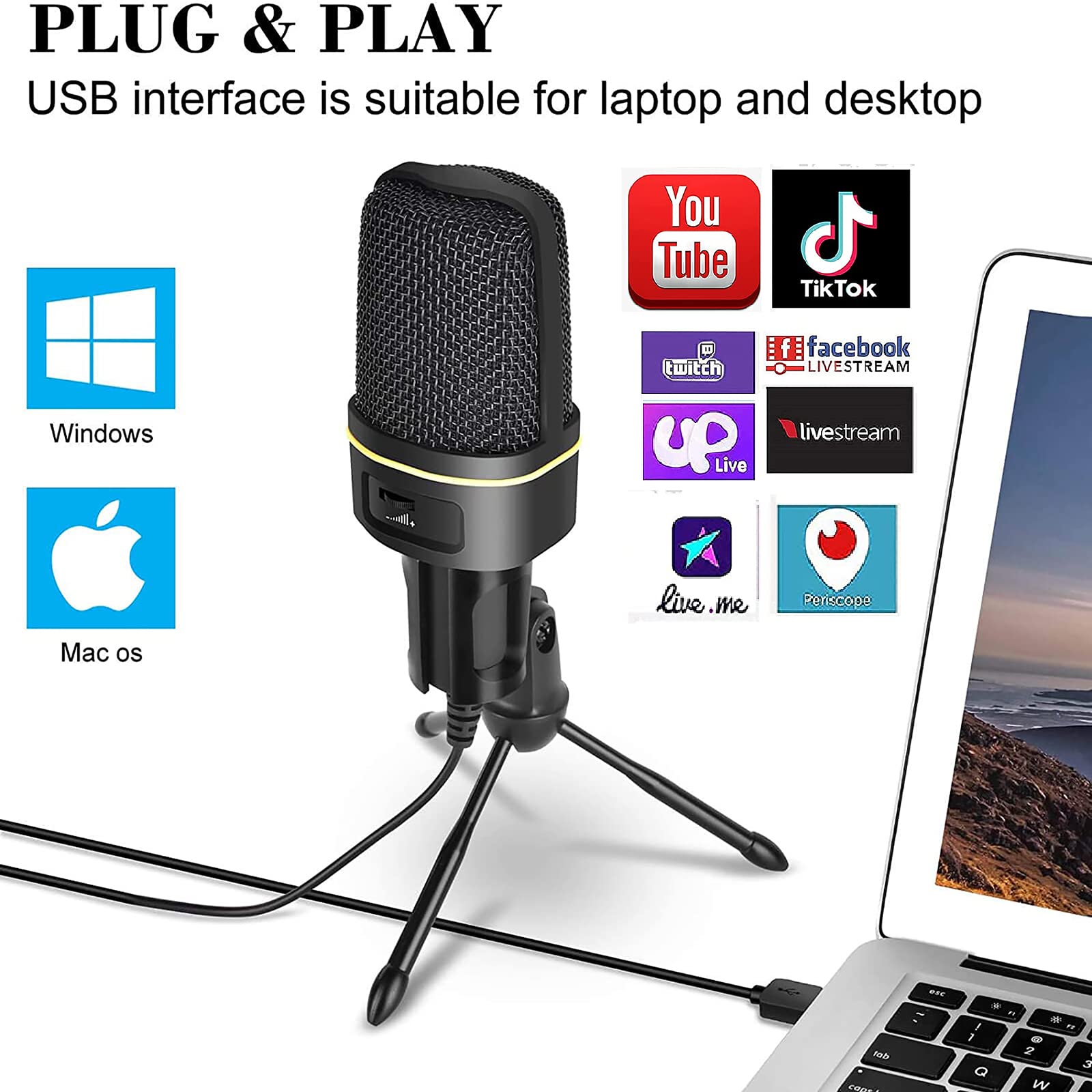 Gaming PC REMALL Microphone,Podcast Equipment Bundle Microphone Condenser Kit, USB Streaming Podcast 192KHZ/24Bit Plug&Play Computer USB Microphone for Computer Recording Studio Package