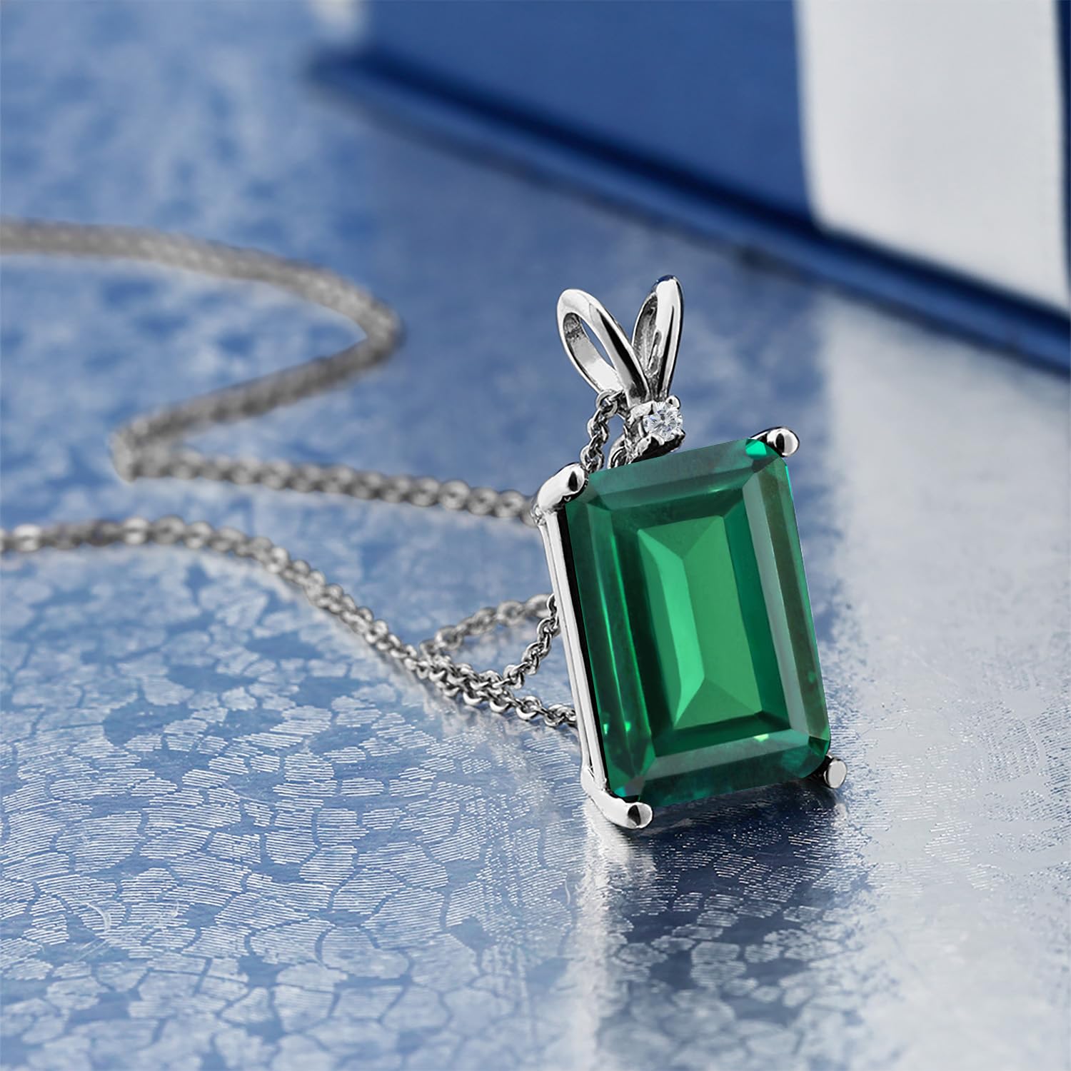 Gem Stone King 925 Sterling Silver Gemstone Birthstone and White Diamond Necklace | Emerald Cut 14X10MM Pendant Necklace for Women | With 18 Inch Silver Chain