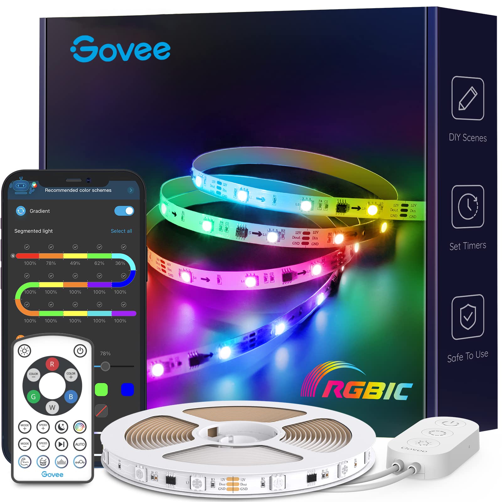 Govee 16.4ft RGBIC LED Strip Lights, Segmented Control, App Control, Remote and Control Box, Enhanced Music Mode, Scene Modes, LED Light Stip for Parties, Room, Kitchen, Holiday, Home Decor