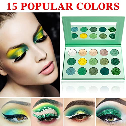 Green Eyeshadow Palette,QIUFSSE 15 Colors Eye Shadow Pallete Sets Highly Pigmented Matte Glitter Colorful Long Lasting Blendable Forest Emerald Green Yellow Makeup Pallet for Women Christmas Halloween